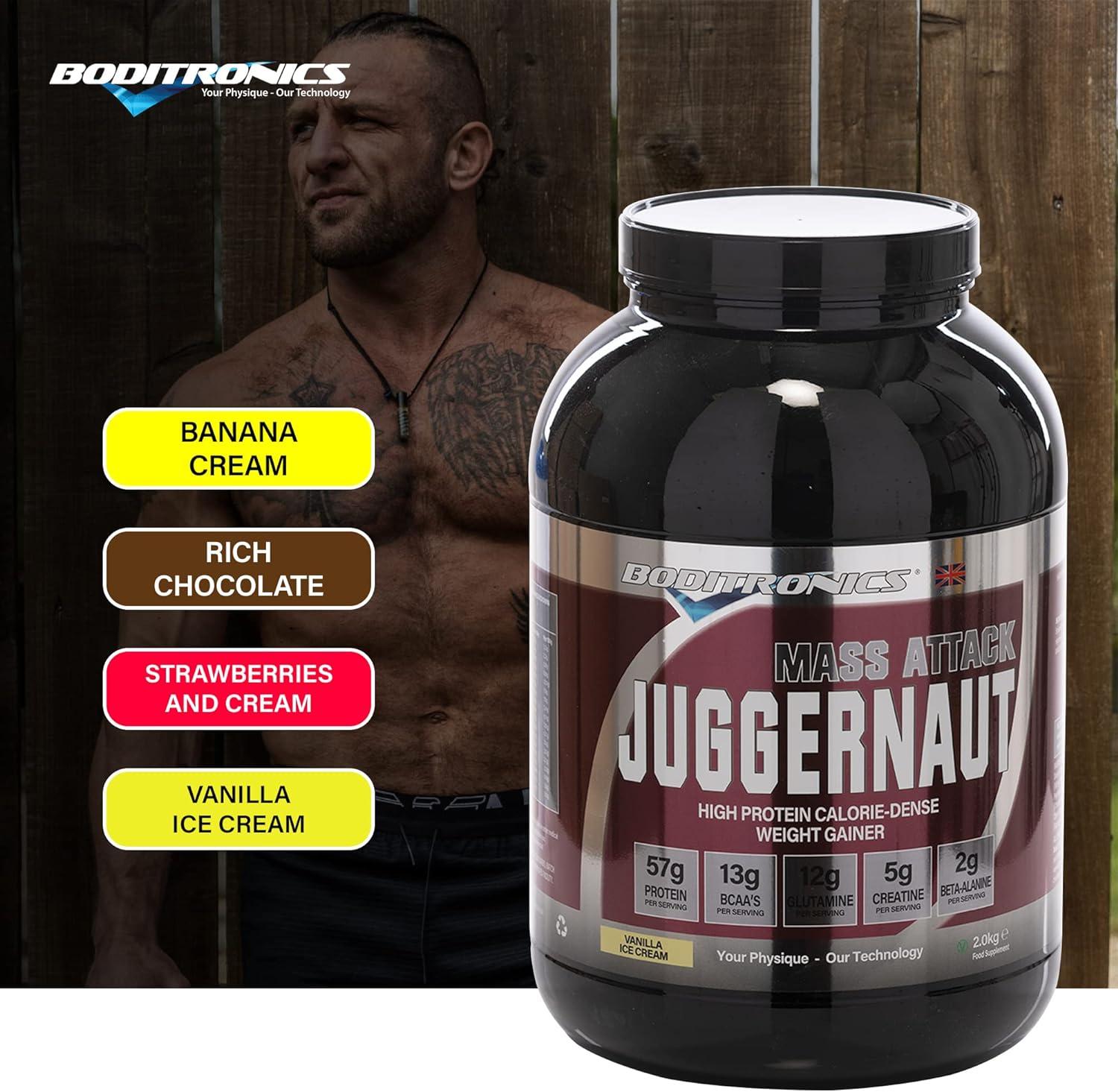 Boditronics Mass Attack Juggernaut Powder - High Protein Weight Gainer with 5g Creatine, BCAA ...