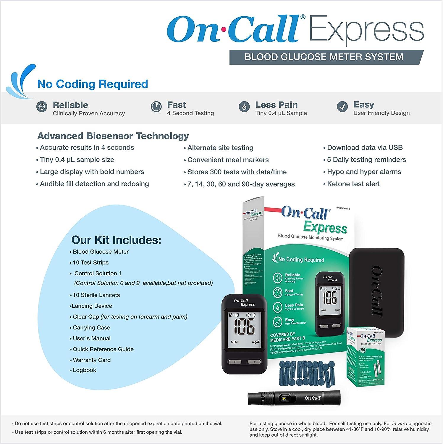 On Call Express Diabetes Testing Kit with Blood Glucose Meter, Test ...