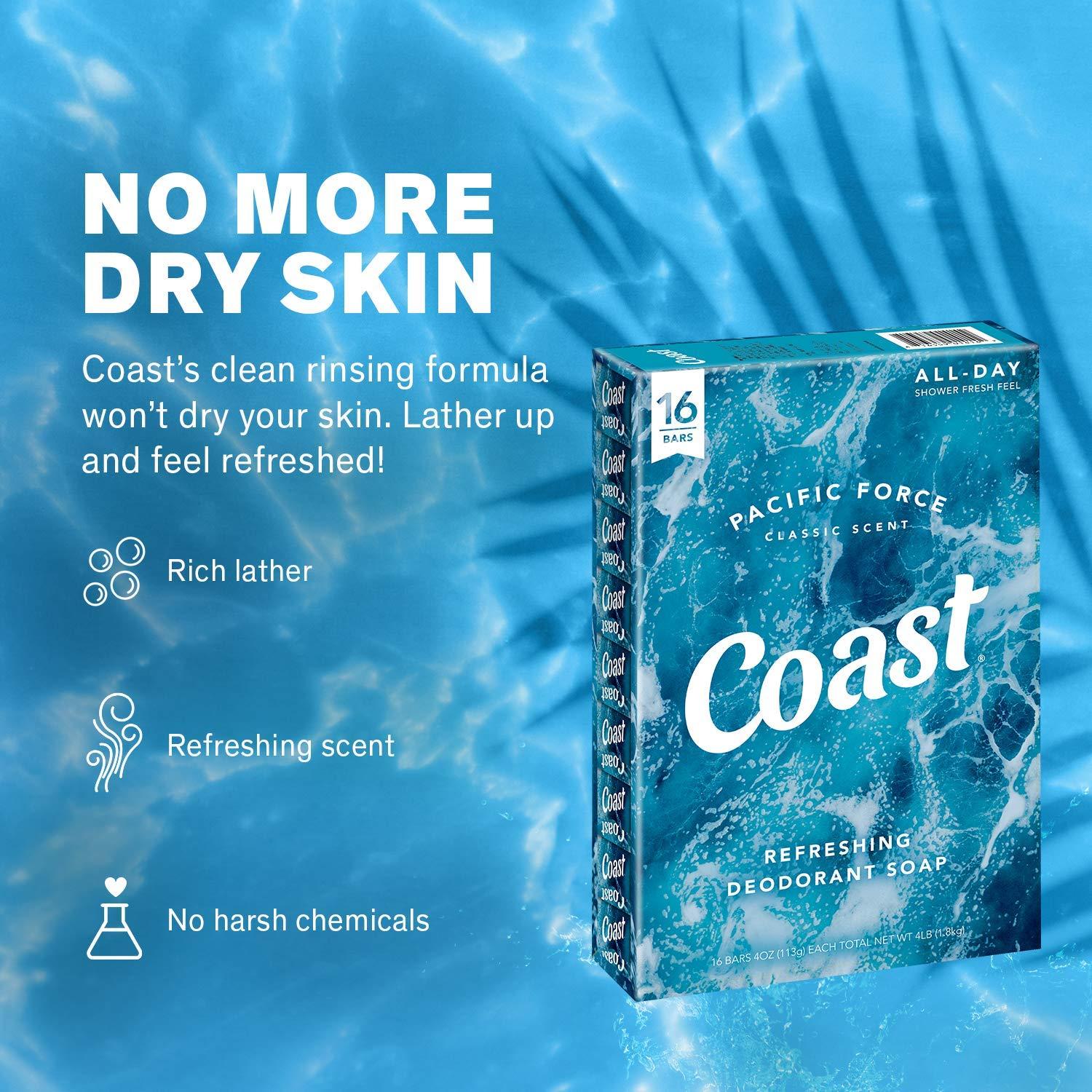 Coast Refreshing Deodorant Soap Bar - 16 Bars - Classic Pacific Force Scent - Energizing and ...