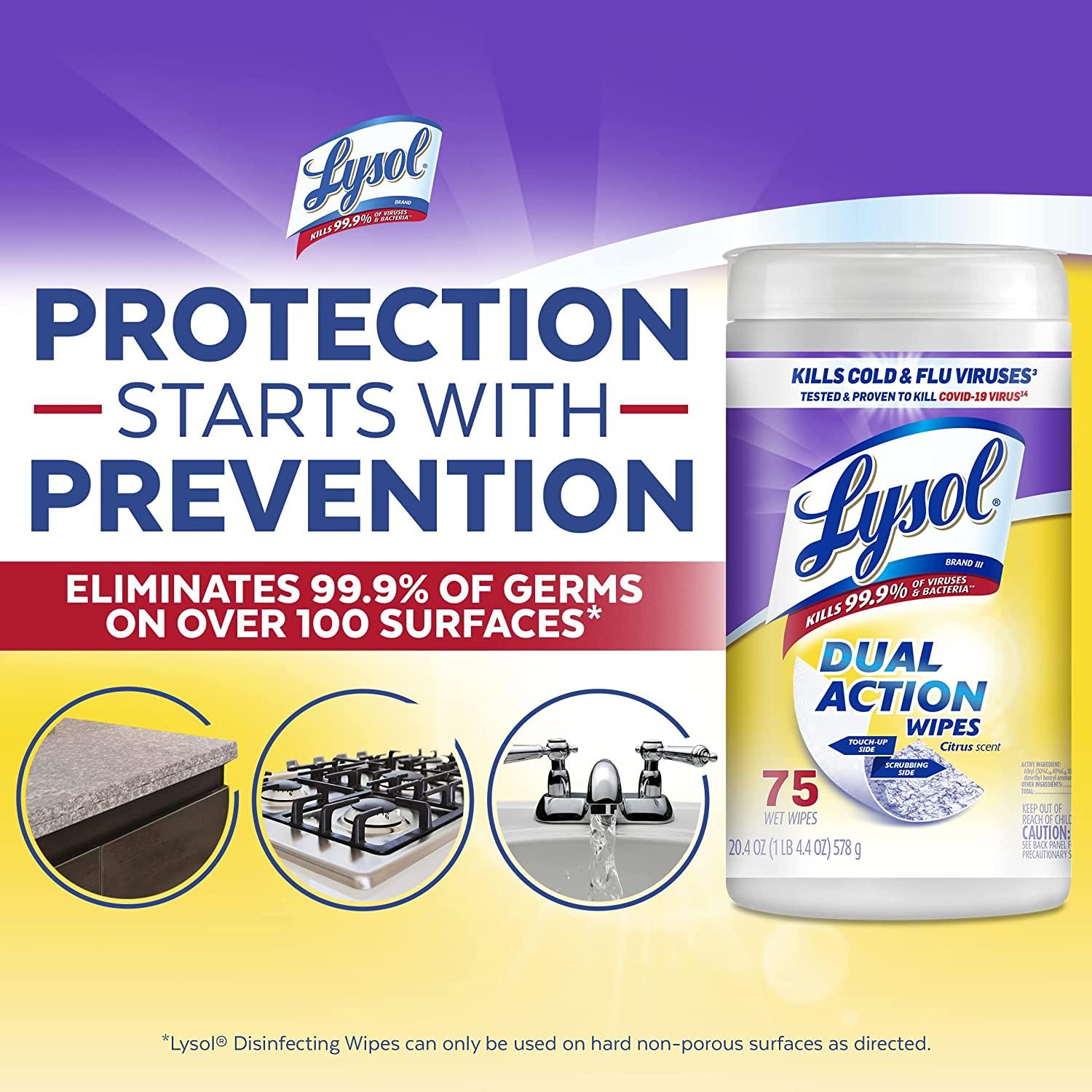 Lysol Dual Action Disinfecting Wipes Citrus 75 Ct - Powerful Cleaning ...