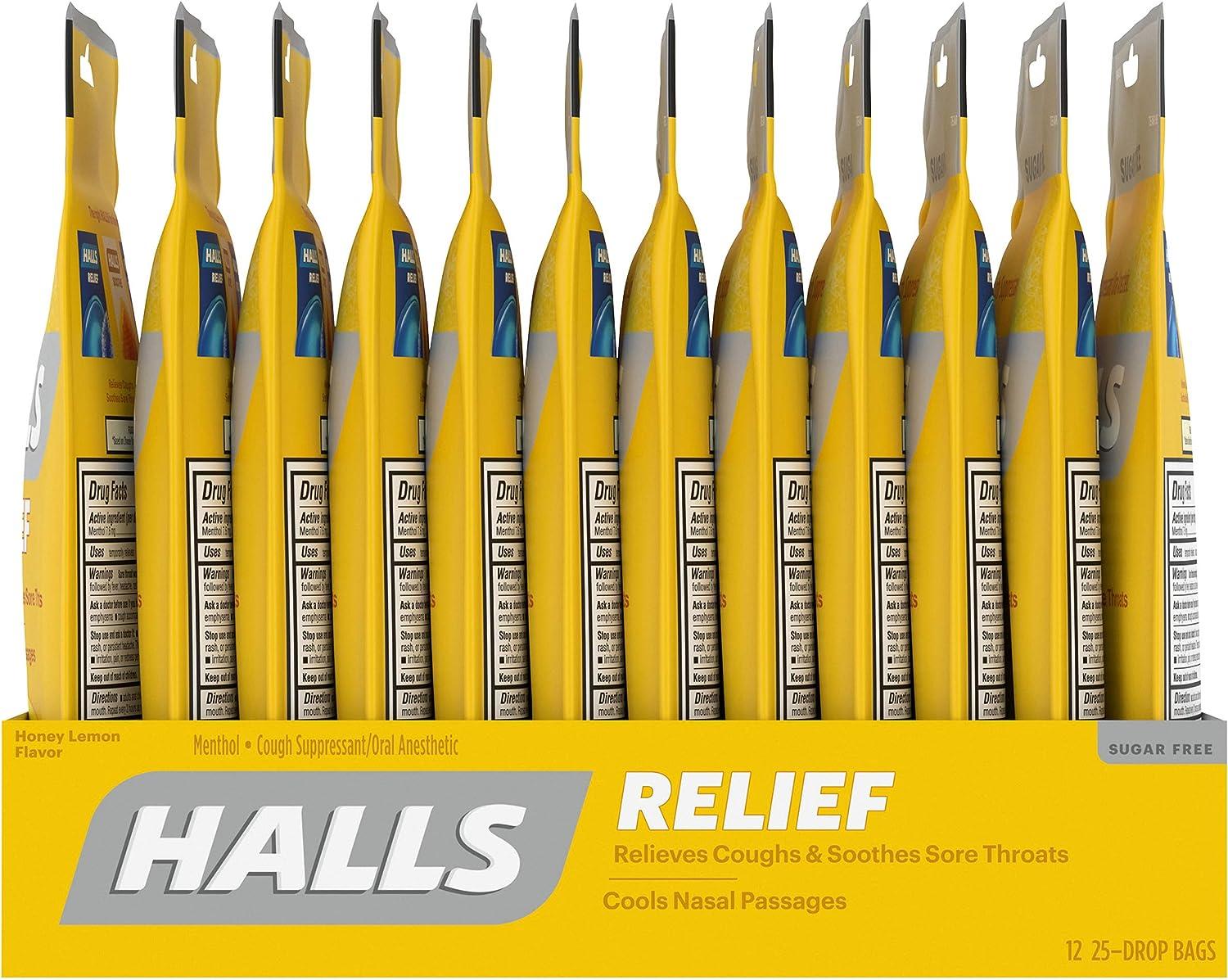 HALLS Relief Honey Lemon Sugar Free Cough Drops, 12 Packs of 25 Drops ...