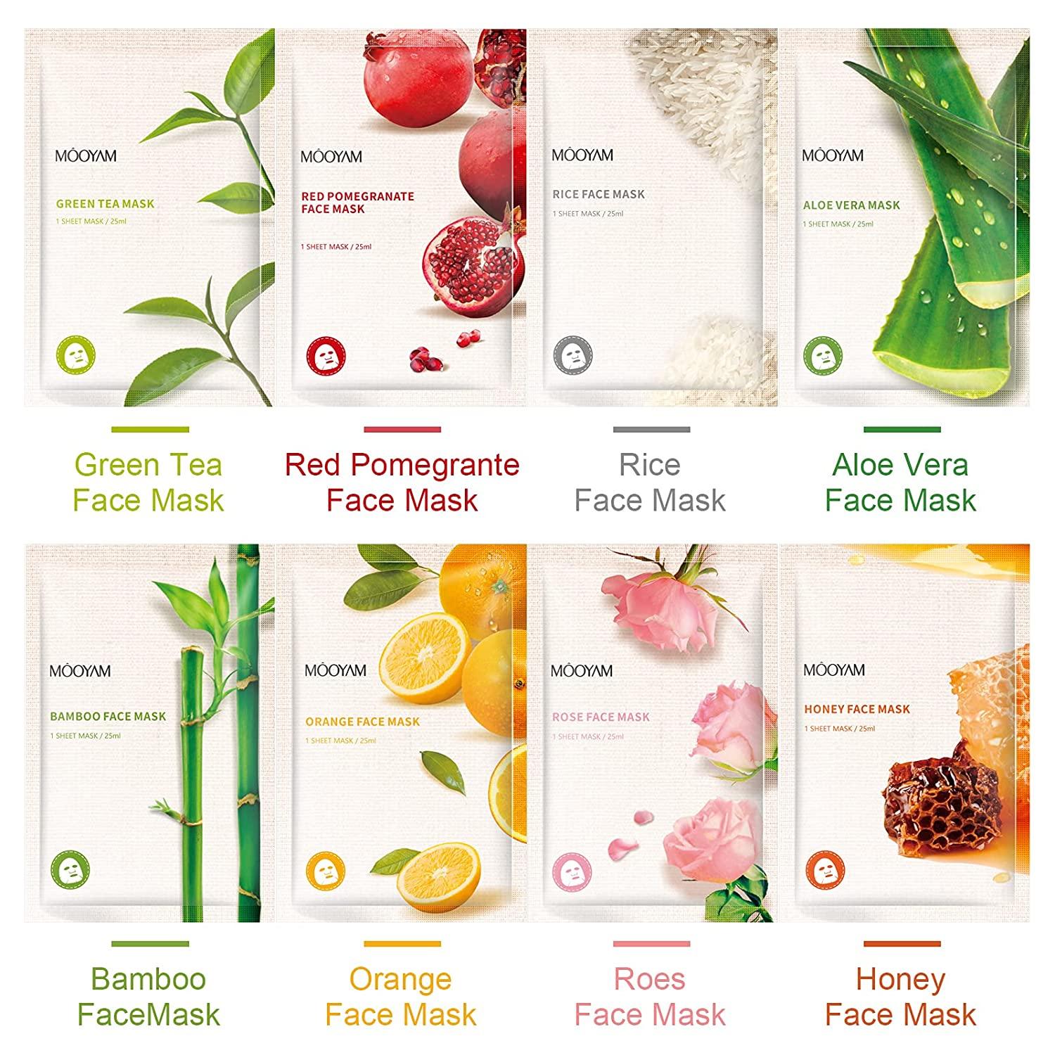 Hydrating Face Sheet Mask 8 Pack with Green Tea, Aloe Vera, Pomegranate ...