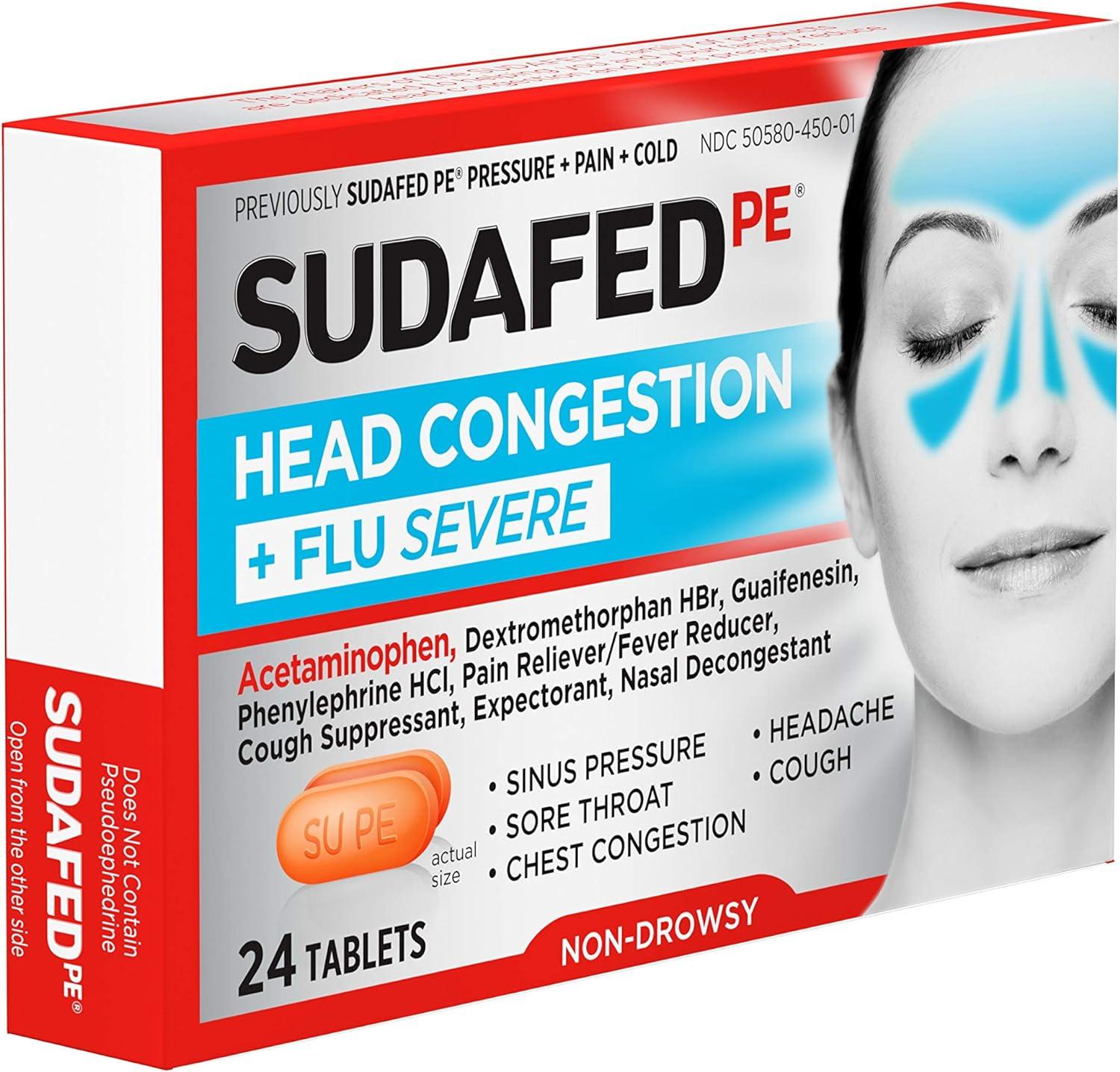 Sudafed PE Head Congestion + Flu Severe Decongestant Tablets 24 ct ...