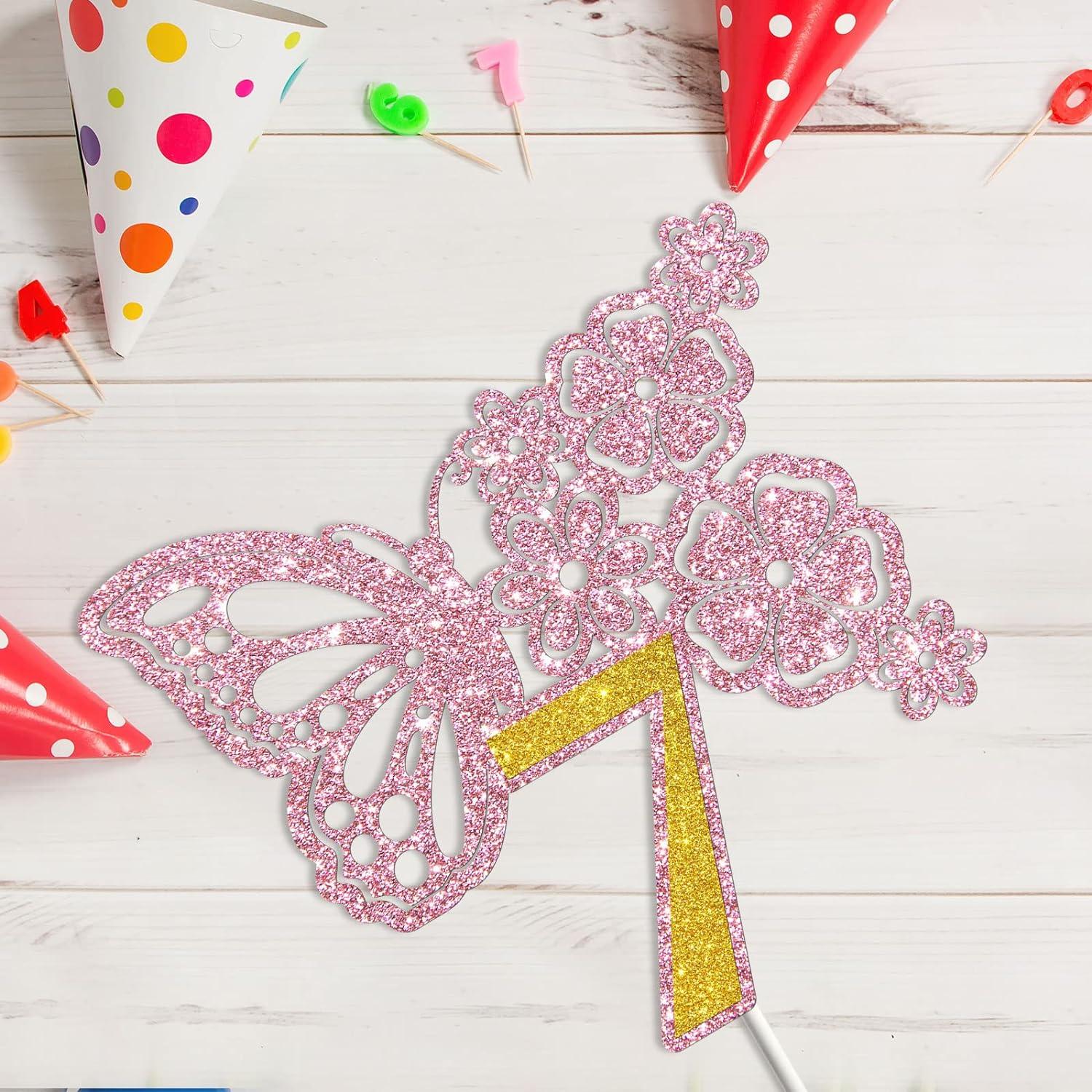 Tenhaisi Pink & Gold 3D Butterfly Flower Sign 7 Cake Topper - Happy 7th ...