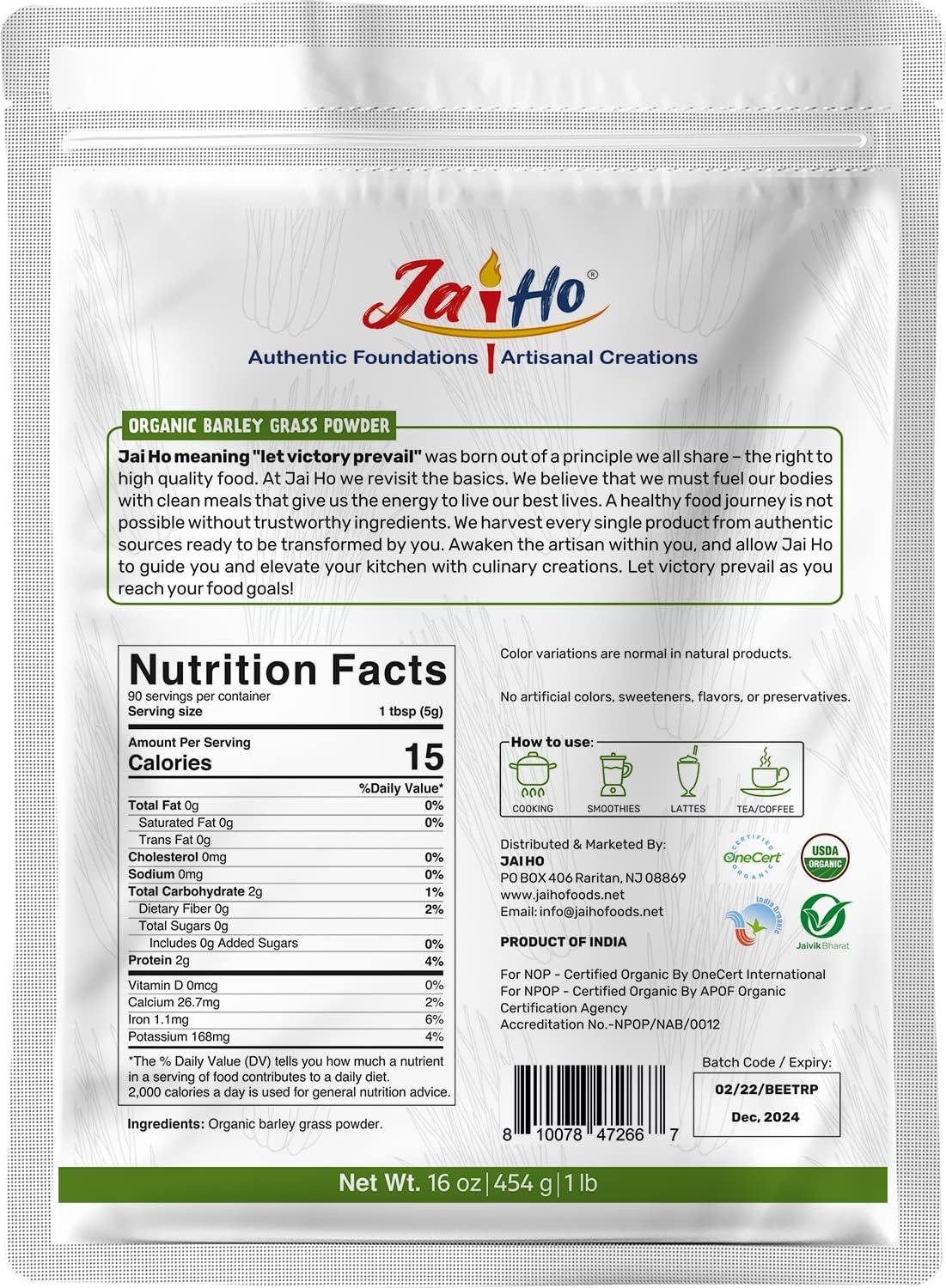 Jai Ho Organic Barley Grass Powder - 1 LB | Gluten Free, Vegan, Non-GMO ...