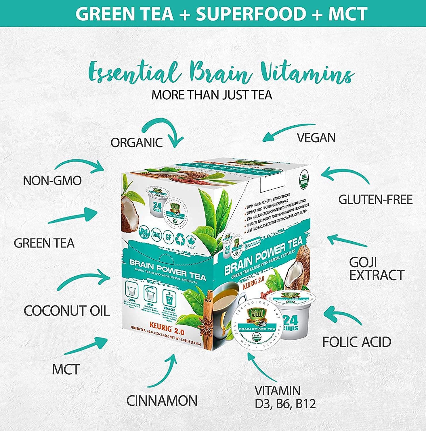 SOLLO Brain Power Organic Green Tea Pods with MCT, Acai & Vitamins ...