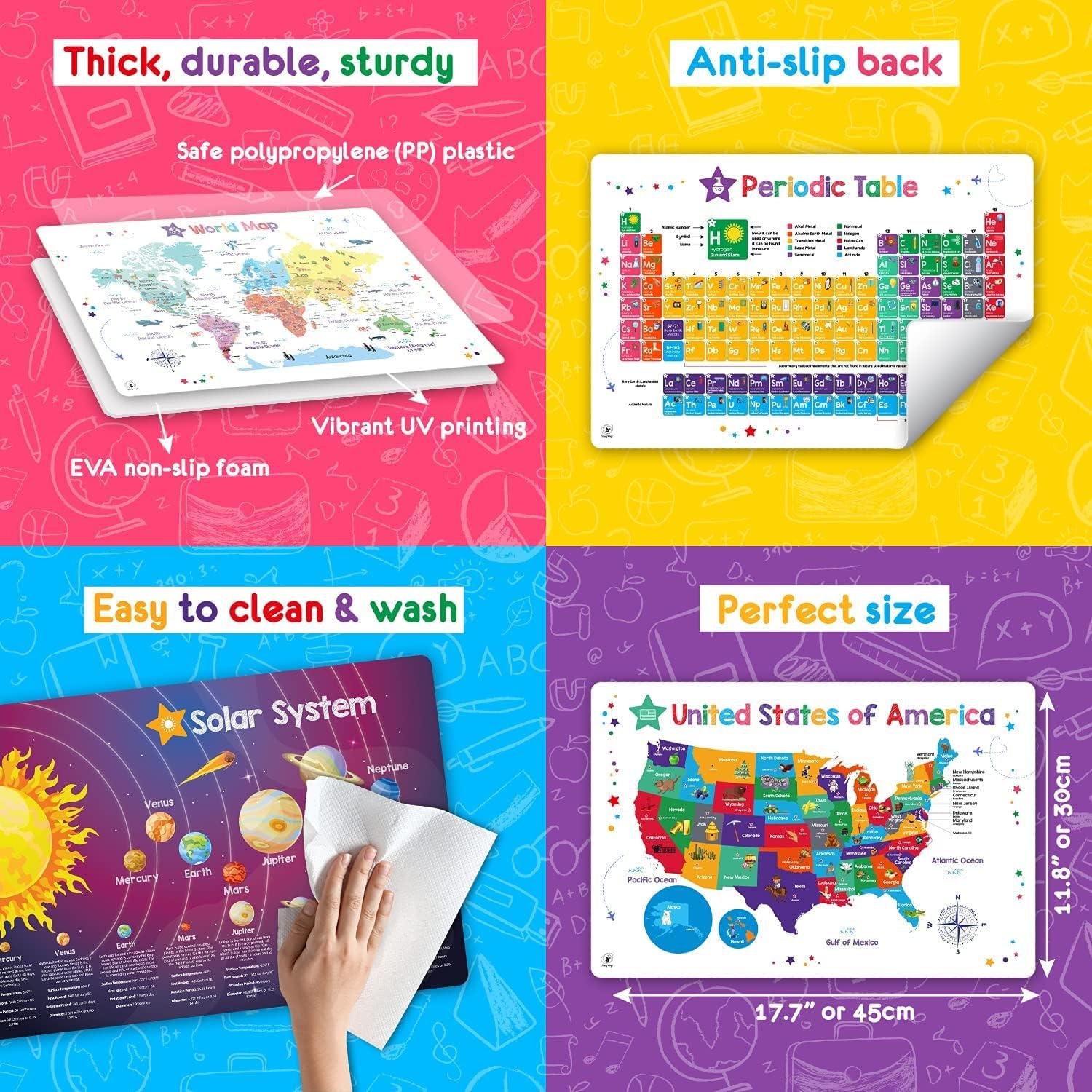 Kids Educational Placemats Discovery Set - Non-Slip, Reusable, Wipeable ...