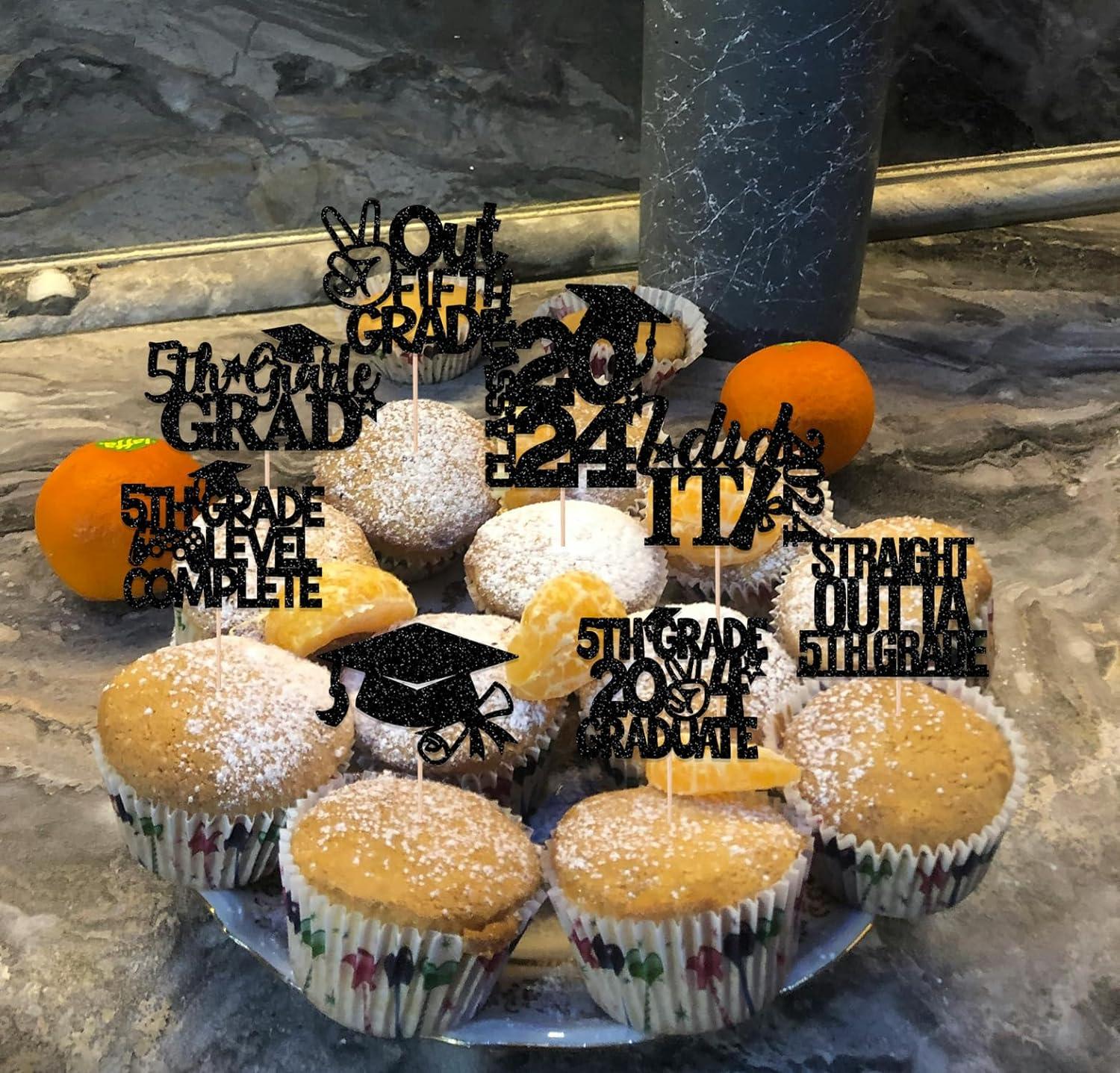 BZBAIS 32 Pieces Black Glittery 5th Grade Grad Cupcake Toppers Class of ...