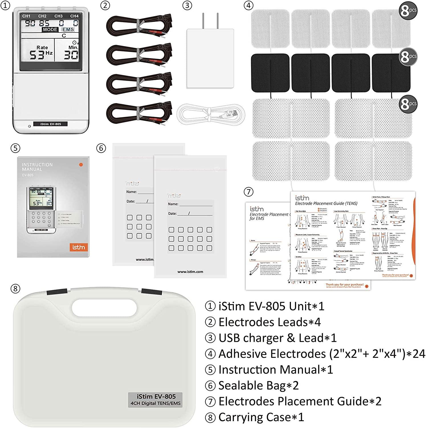 iSTIM EV-805 TENS EMS 4 Channel Combo Machine - Muscle Stimulator for Back Pain Relief - 24 ...