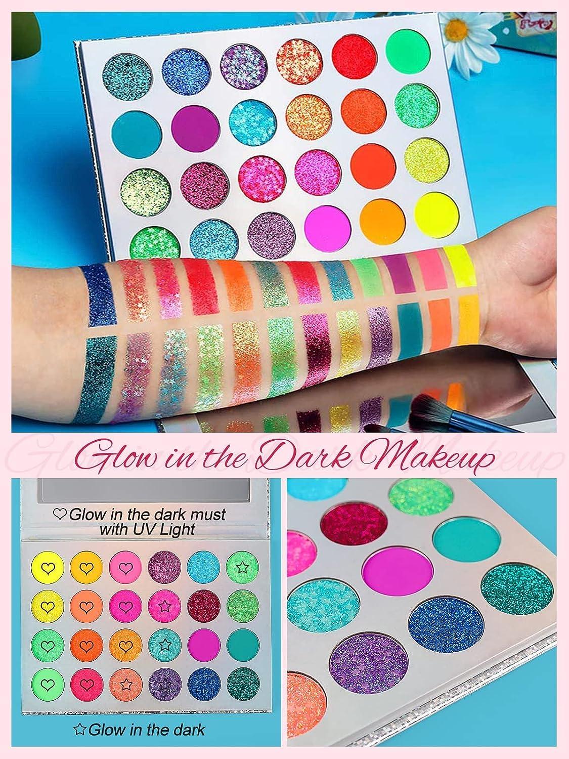 Kalolary Glow in the Dark Neon Eyeshadow Palette - 24 Colors, UV Glow ...