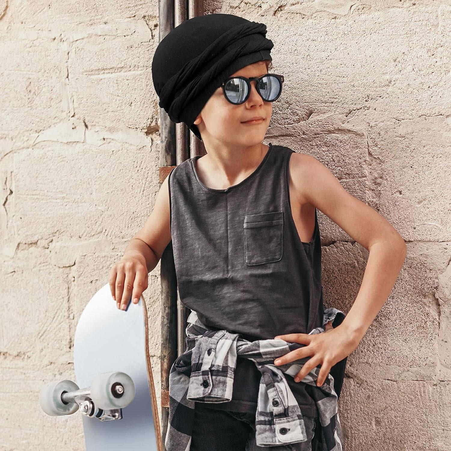 2 Pcs Kids Silk Satin Lined Turban Set - Black/Dark Gray - Ages 6-12 ...