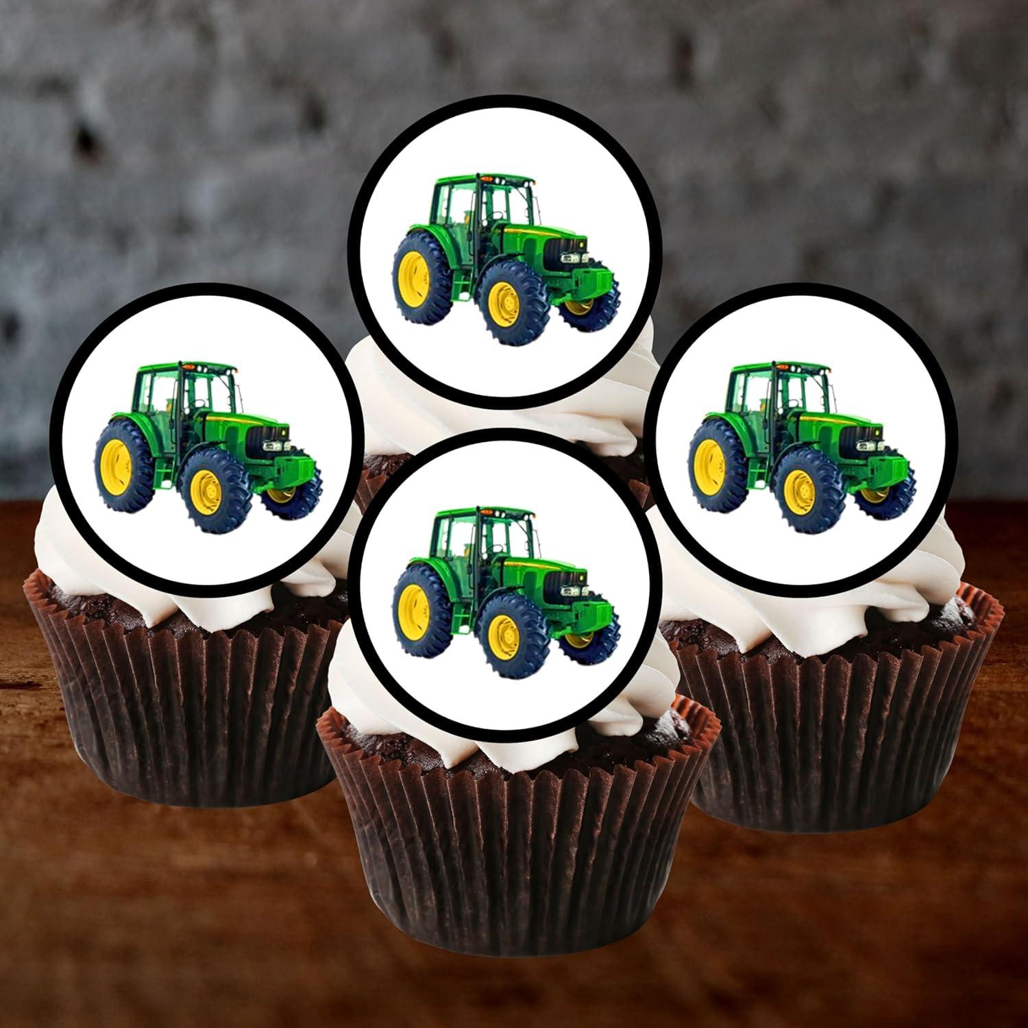 24 Green Tractor Edible Cake Topper Farm Party Decorations Tractor ...