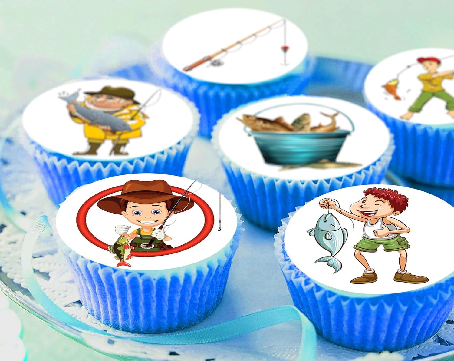 24 x Pre-Cut Fishing 1 Edible Stand up Wafer Paper Cupcake Toppers Cake ...