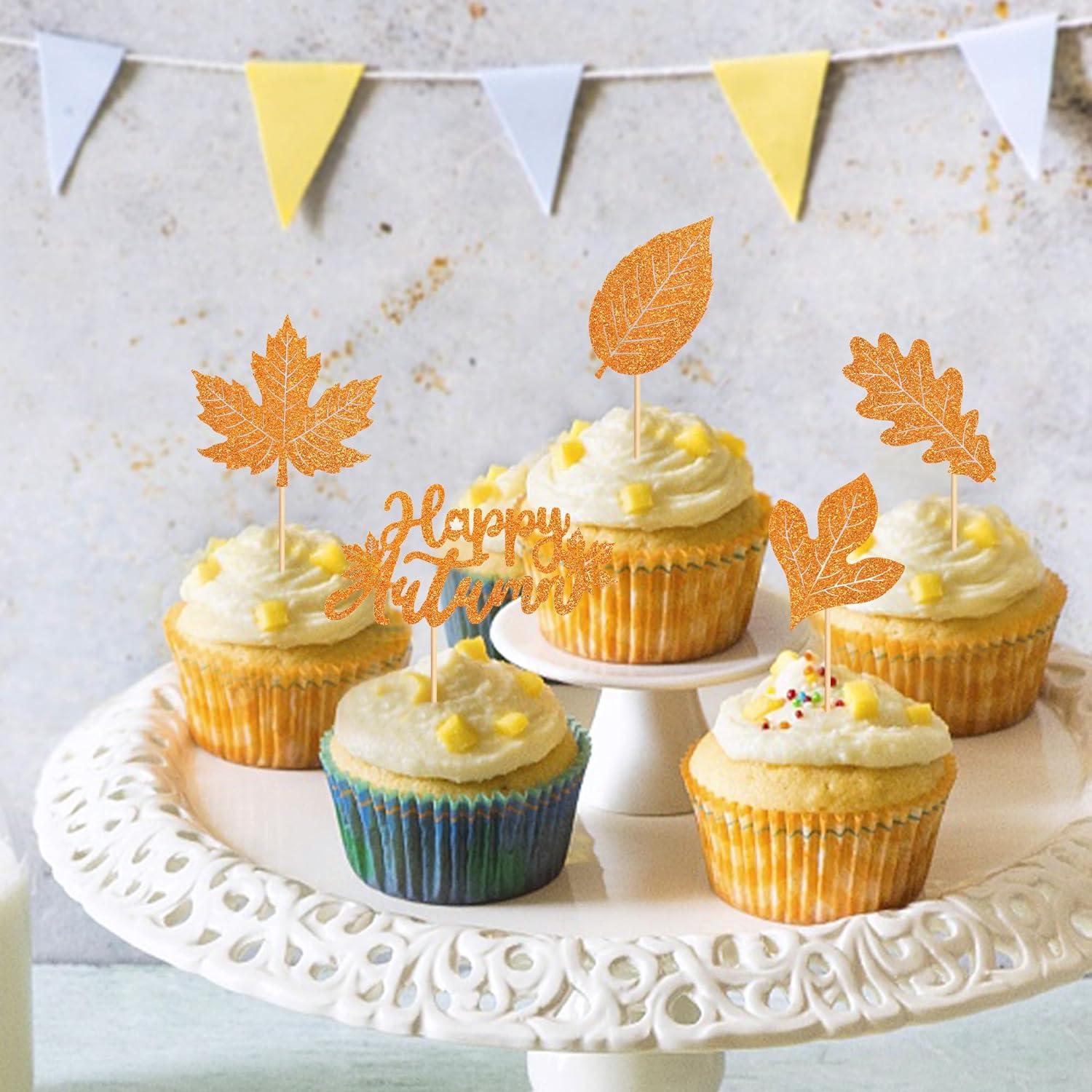Blumomon 30PCS Maple leaf Happy Autumn Cupcake Toppers with Glitter ...