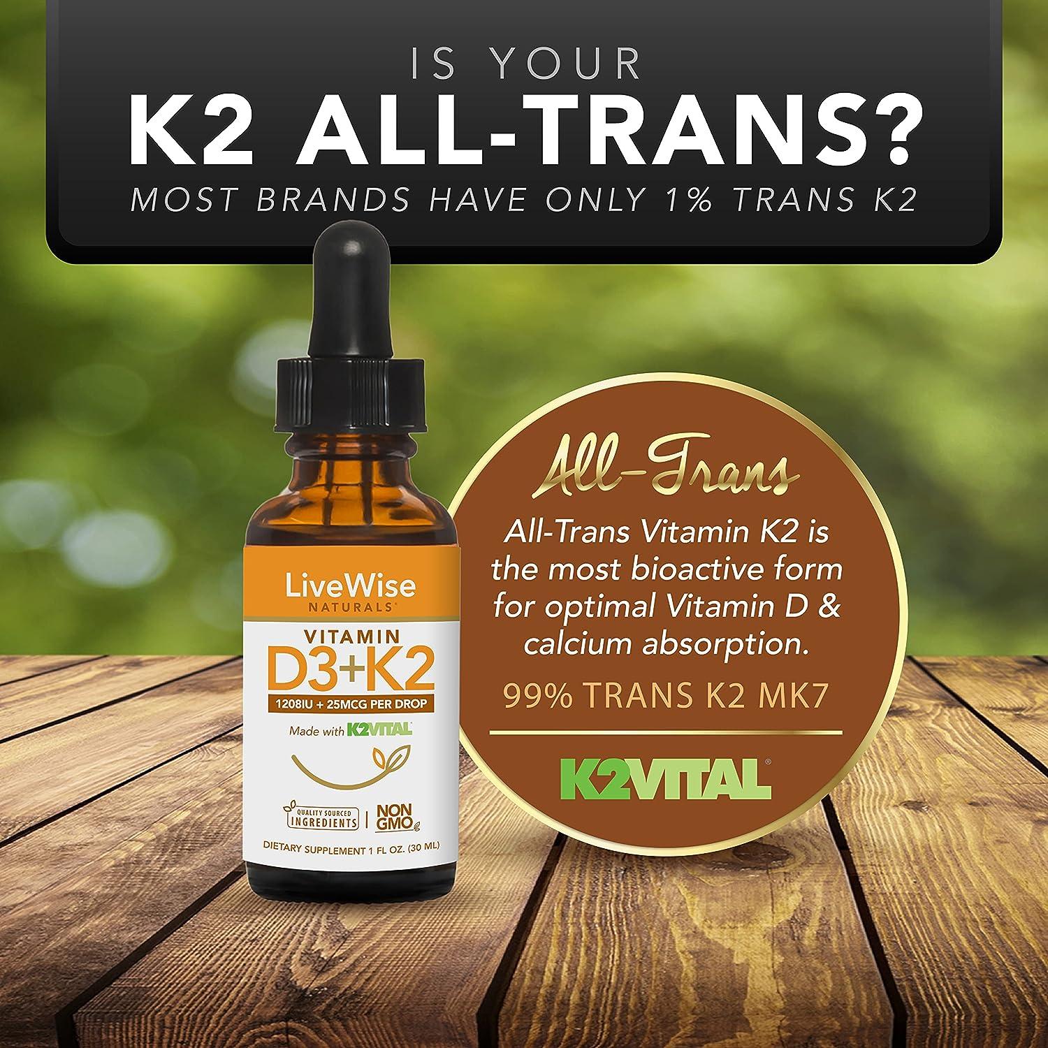 Vitamin D3 with K2 Liquid Drops - Natural, Non-GMO Formula | 1208IU D3 ...
