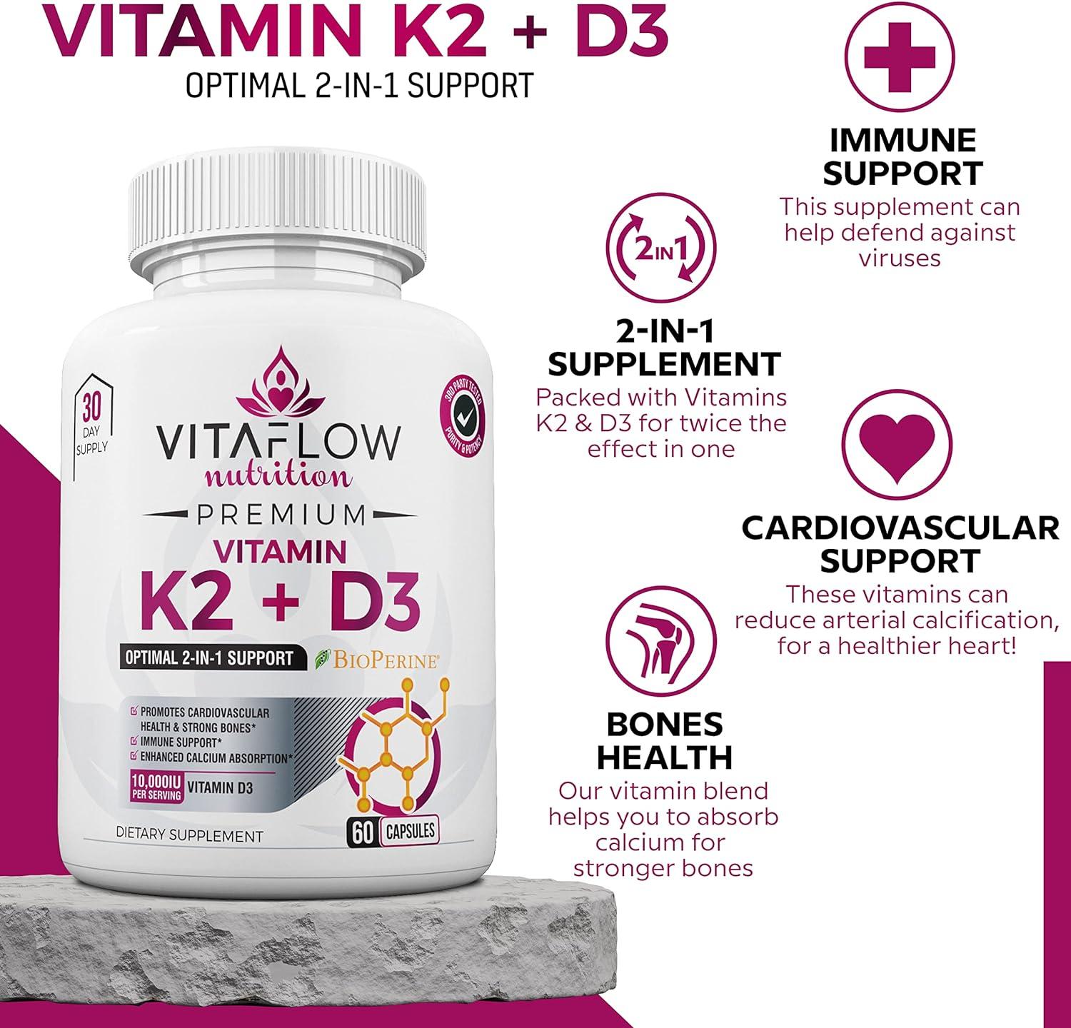 VITAFLOW Nutrition Vitamin K2 and D3 Supplements - 60 Capsules ...