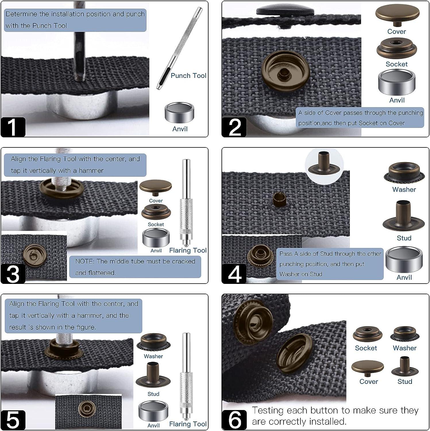 200 Pieces (50Sets) Leather Snap Fastener Kit Tool 5/8 inches (15mm ...
