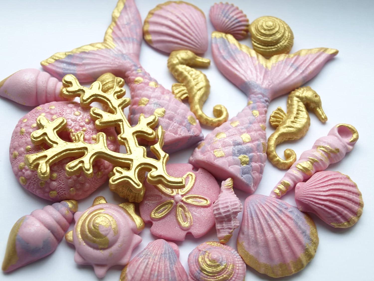 25x Edible Mermaid Tail Seashells Seahorse Gold Coral Under the sea ...