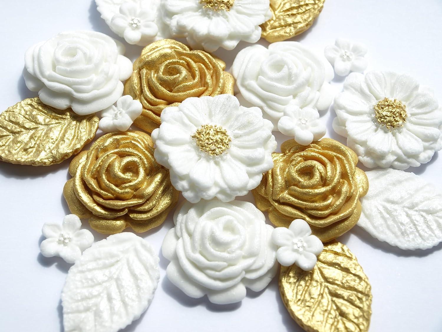 21x Gold White Roses Leaves Cake Toppers Edible Gold Wedding ...