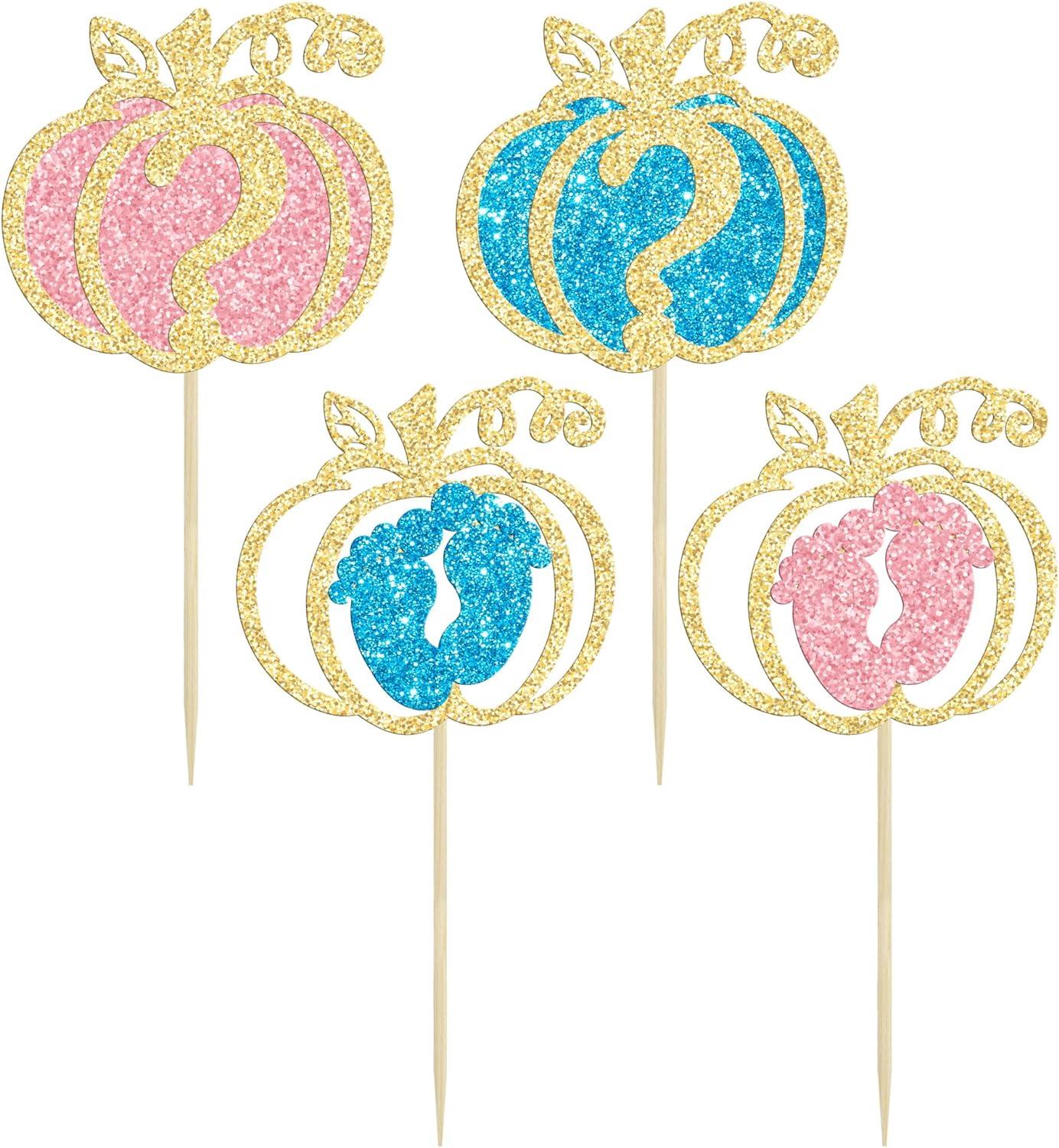 24Pcs Pumpkin Gender Reveal Cupcake Toppers Glitter Pumpkin Baby Feet ...