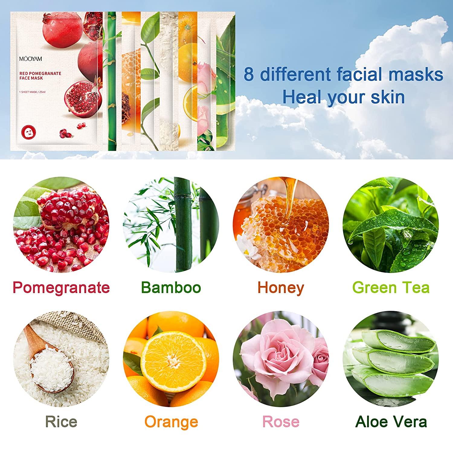 Hydrating Face Sheet Mask 8 Pack with Green Tea, Aloe Vera, Pomegranate ...
