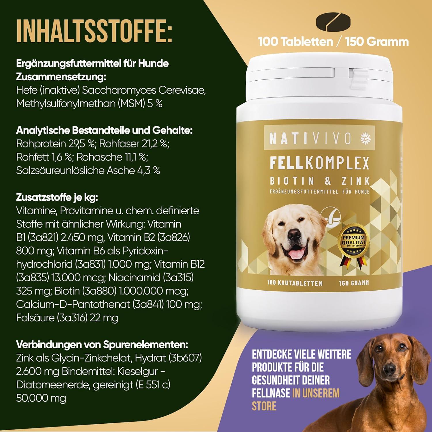 Nativivo High-Dose Probiotic Biotin & Zinc Dog Complex - 100 Tablets for Shiny Fur Hair Loss ...