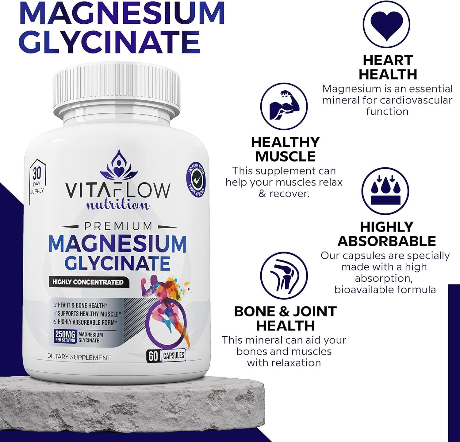 VitaFlow Nutrition Magnesium Glycinate Supplement - 60 Capsules 250mg ...