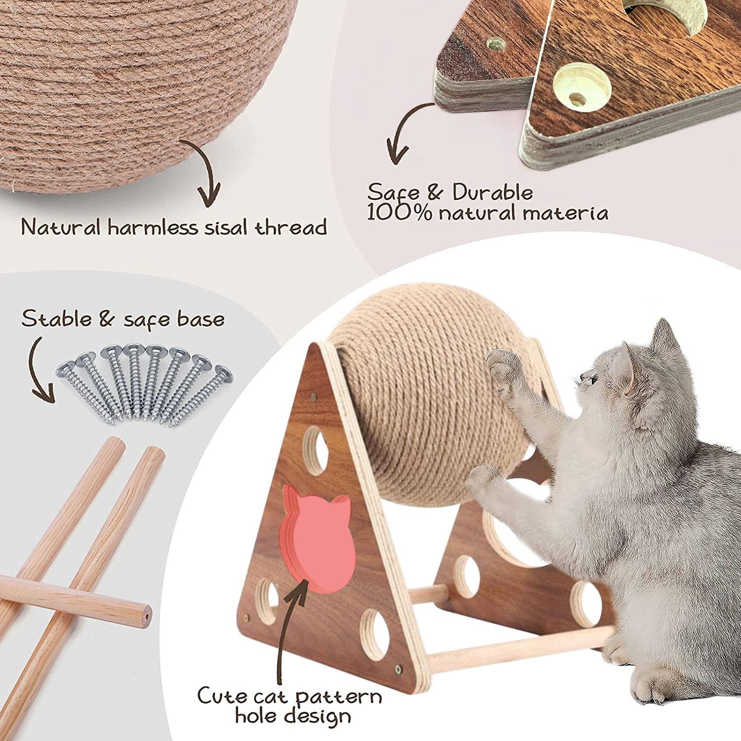 Interactive Sisal Rope Cat Scratching Ball Toy with Solid Wood Base ...