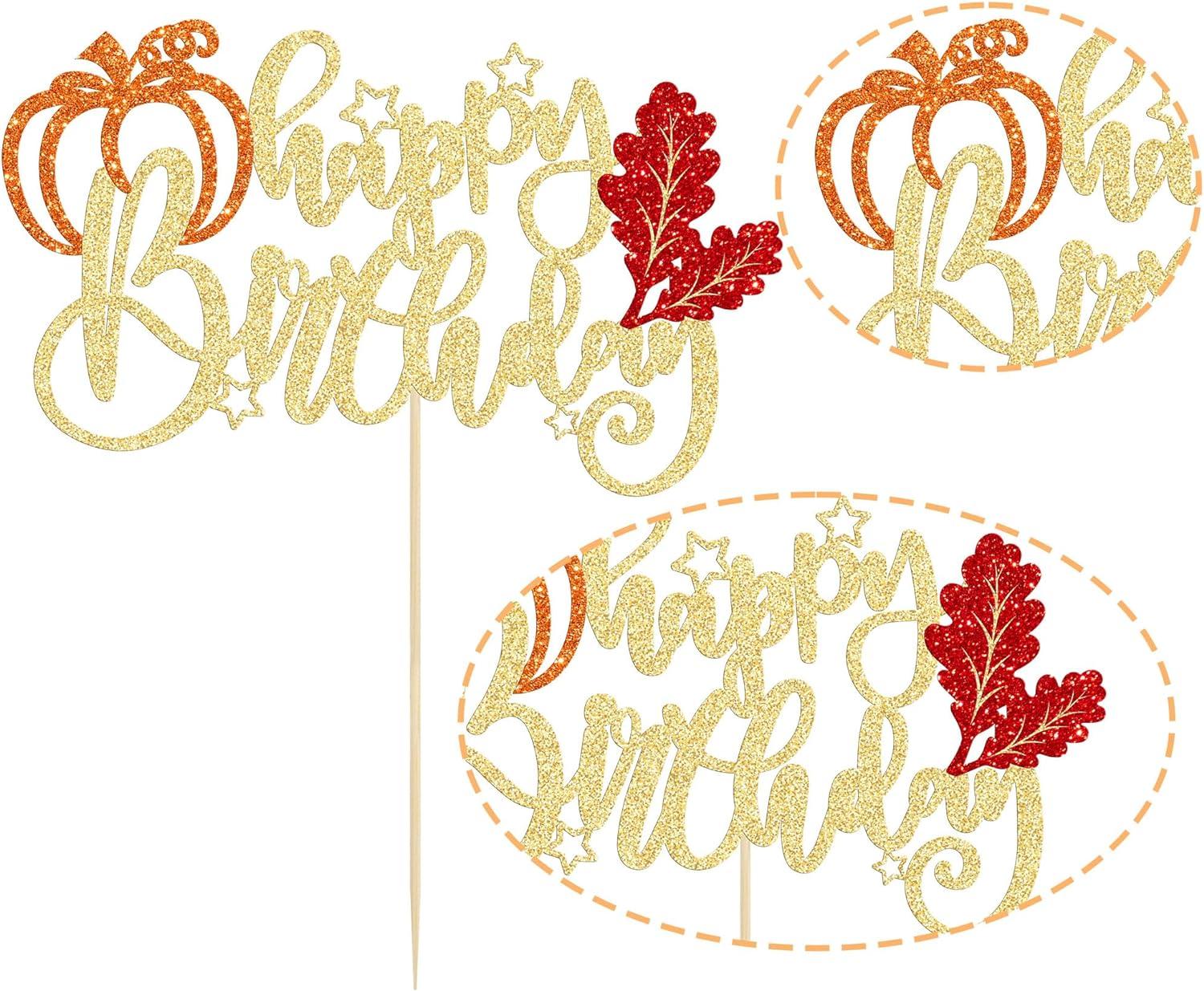 1Pc Maple Leaf Happy Birthday Cake Topper Glitter Fall Autumn Harvest ...