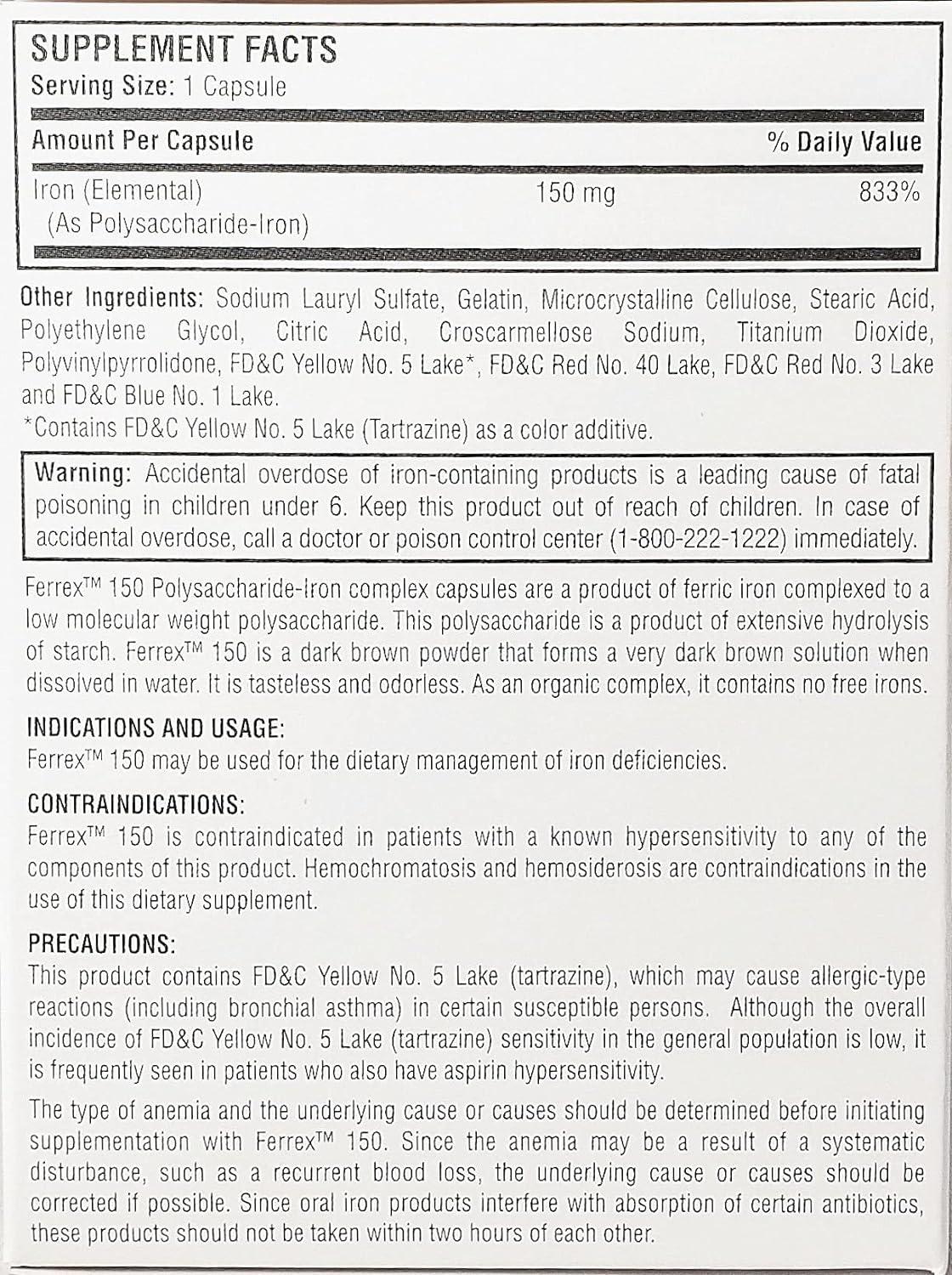 MAJOR PHARM Ferrex-150 Polysaccharide-Iron Complex Capsules 100 Count ...