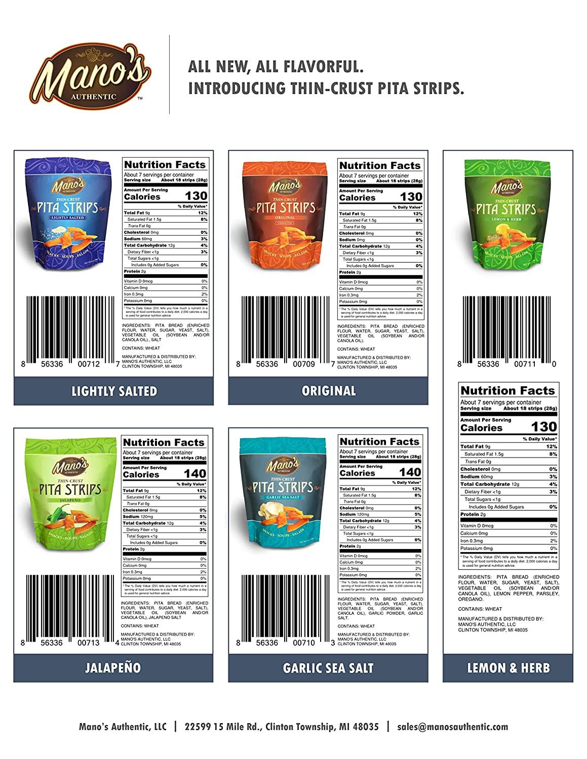 Manos Pita Chip Strips - Healthy Thin Snackable Lemon & Herb Flavor - 4 ...