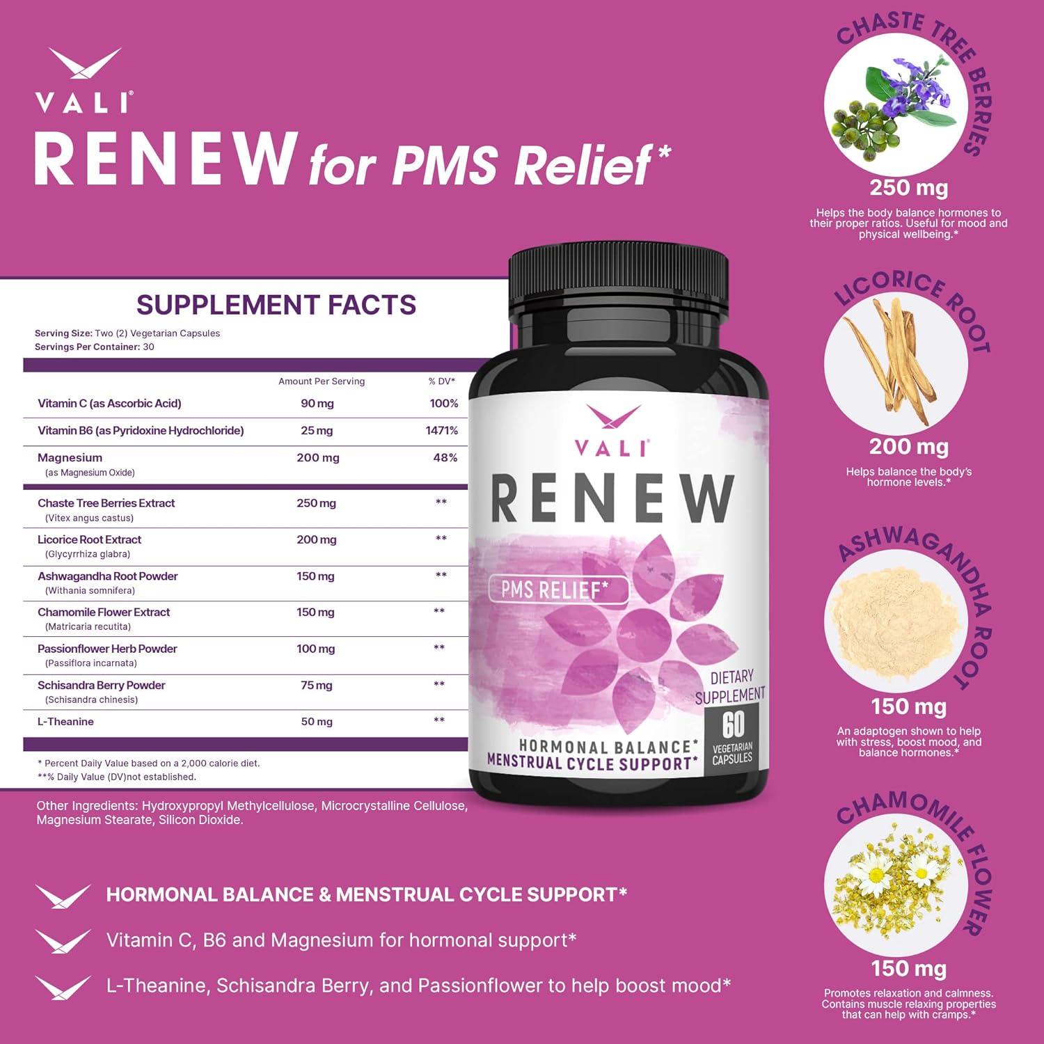 VALI Renew PMS Relief Supplement - Herbal Formula for Women's Menstrual ...