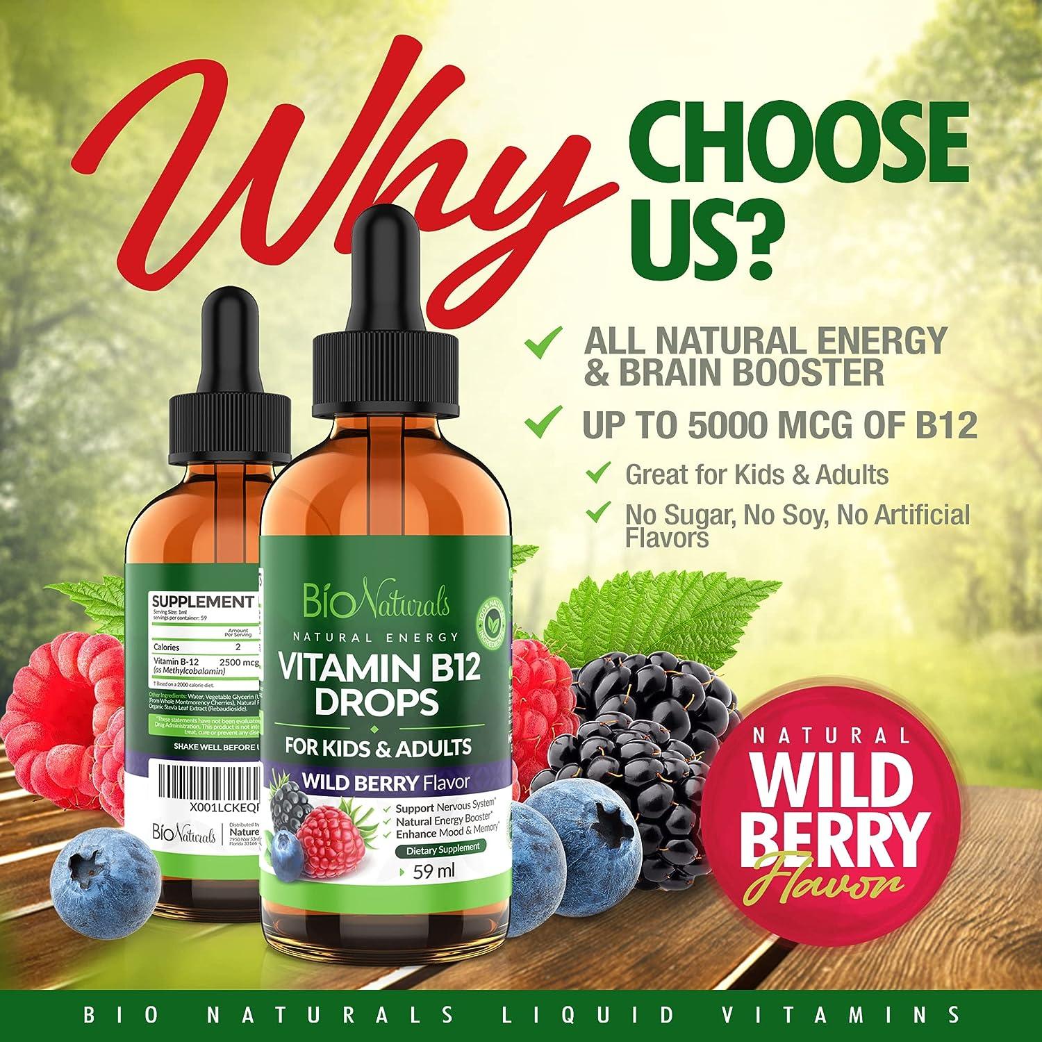 Bio Naturals Vitamin B12 Liquid Drops for Adults & Kids - 100% Natural ...