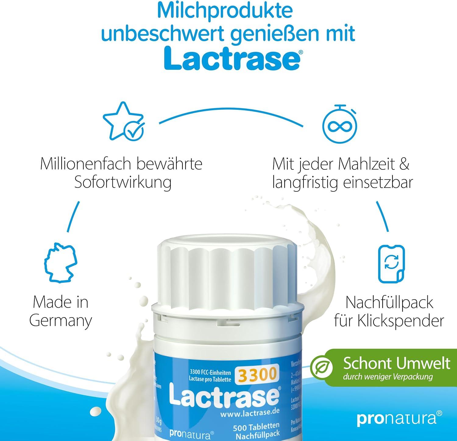 Pro Natura Lactrase 3300 Refill Pack - 500 Lactase Tablets for Lactose ...