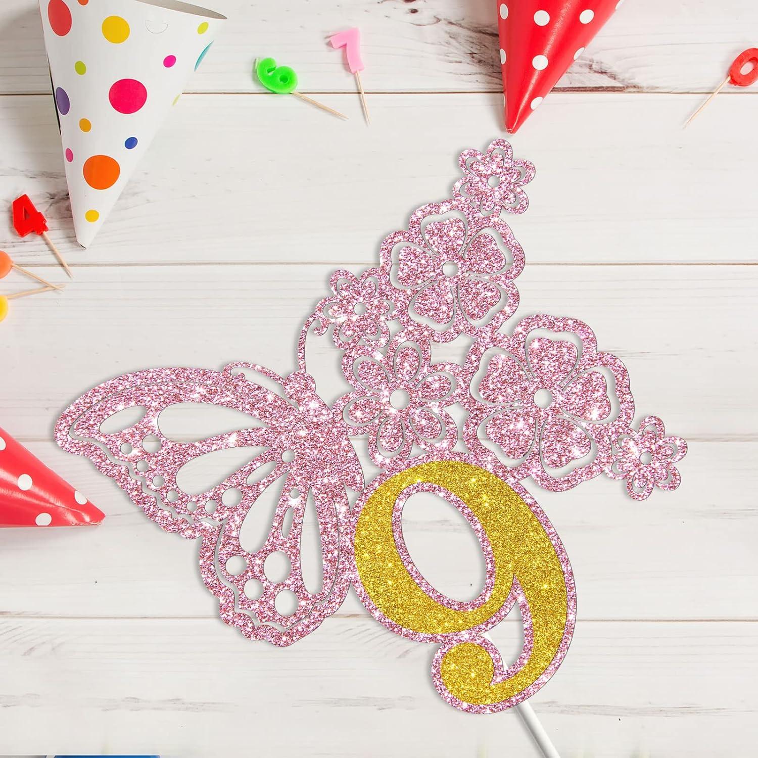 Tenhaisi Pink & Gold 3D Butterfly Flower Sign 9 Cake Topper - Happy 9th ...
