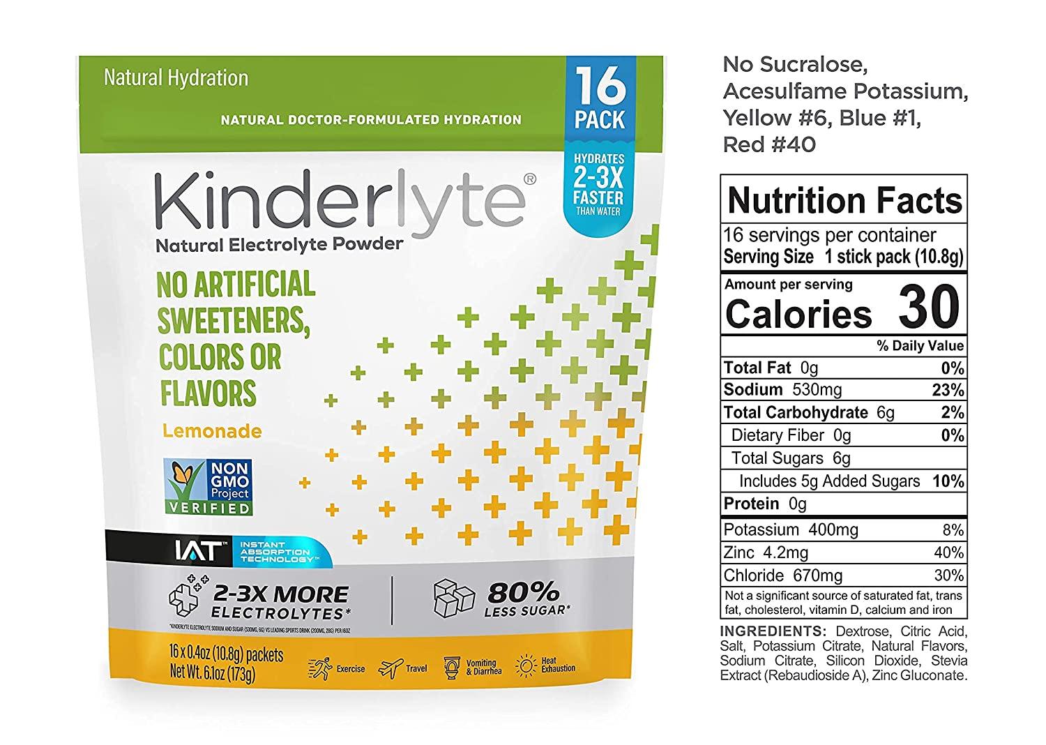 Kinderlyte Electrolyte Powder Lemonade Drink Mix - 16 Packets for Rapid ...