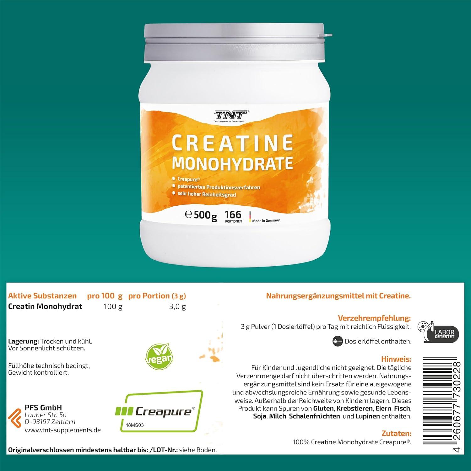 TNT Creatin Monohydrate 500g | Pure Creapure Vegan Creatine Powder ...