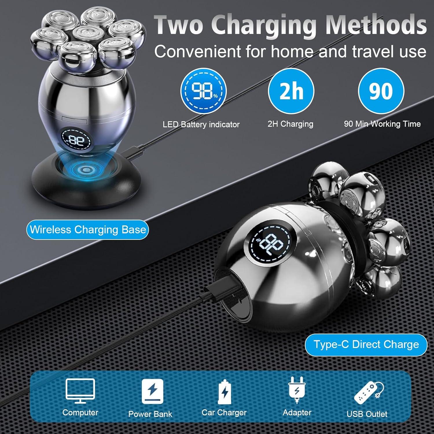 Bald Men's 7D Head Shaver - IPX7 Waterproof Electric Razor | 6-in-1 Beard Grooming Kit with LED ...