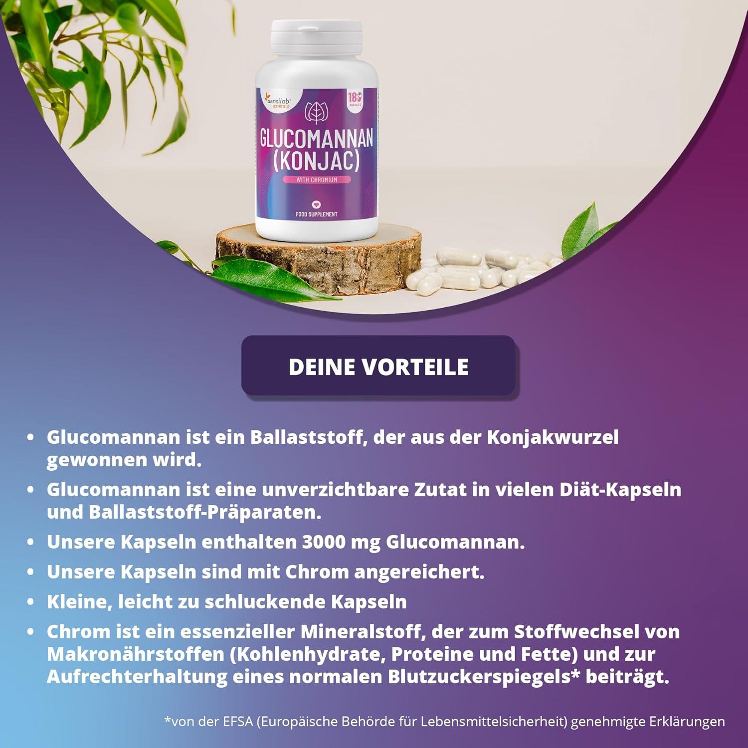 Glucomannan 3000 mg Capsules - High Dose Vegan Supplement with Chrome | 180 Allergen-Free Non ...