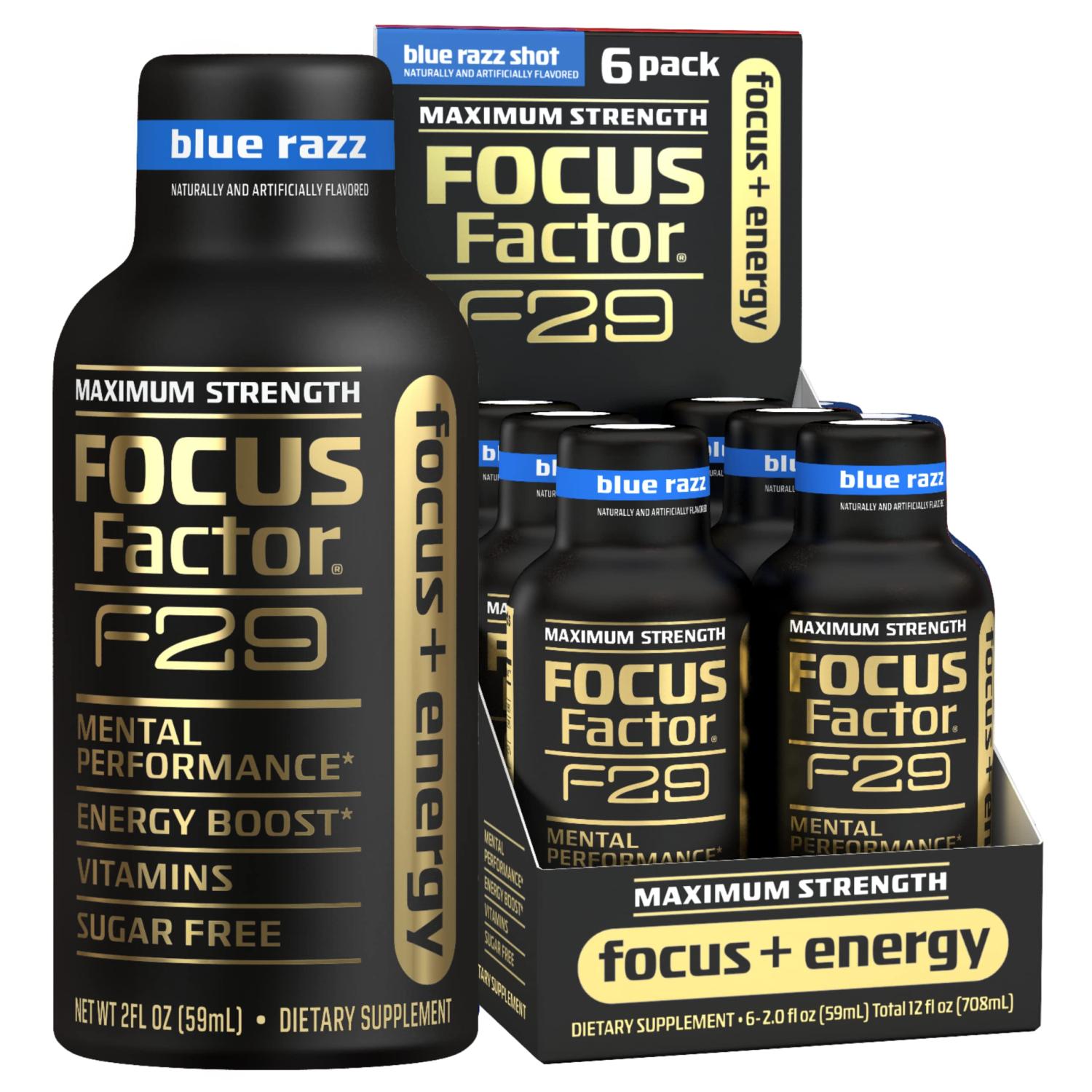 Focus Factor F29 Energy Shot - Blue Razz Flavor, Pack of 6, Sugar-Free ...