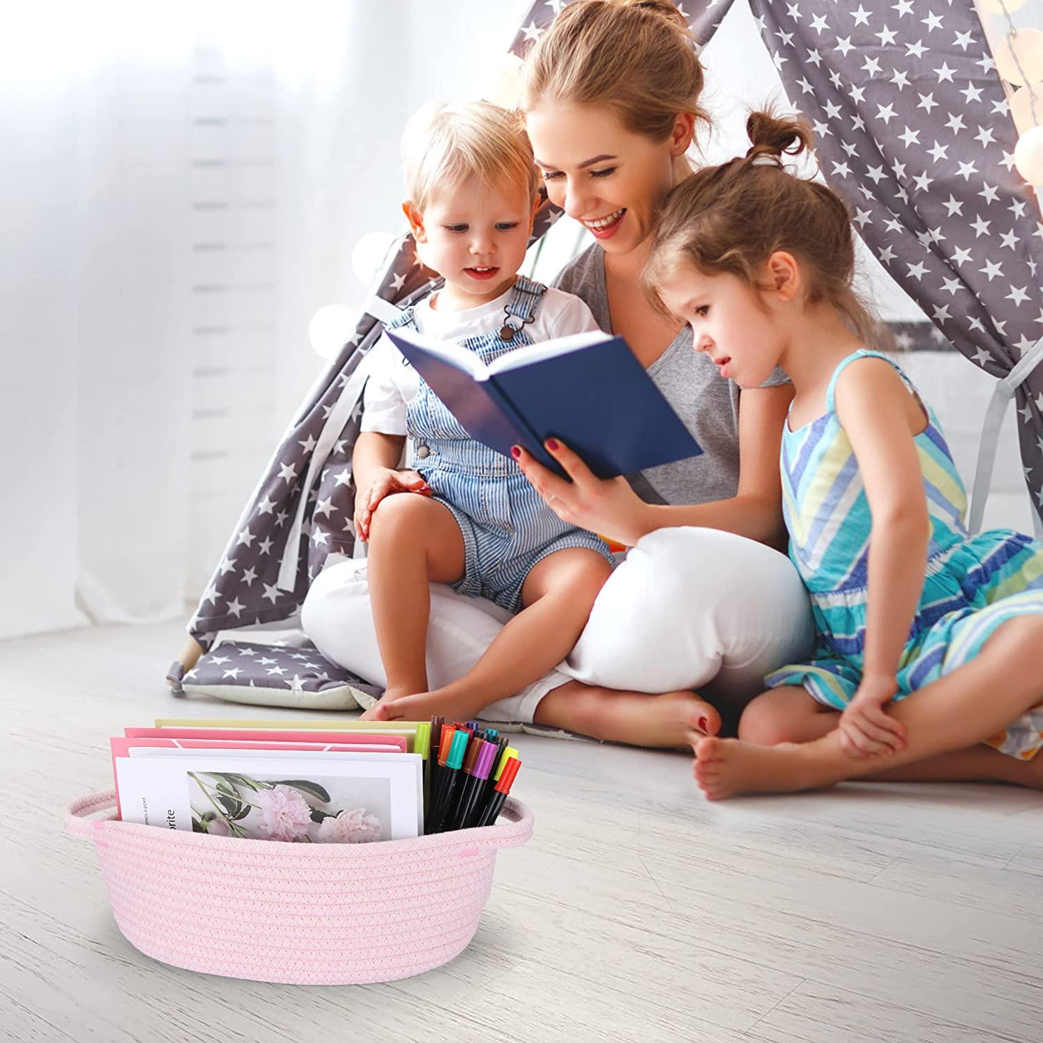 Small Oval Cotton Rope Woven Basket with Handle - Light Pink Nursery ...