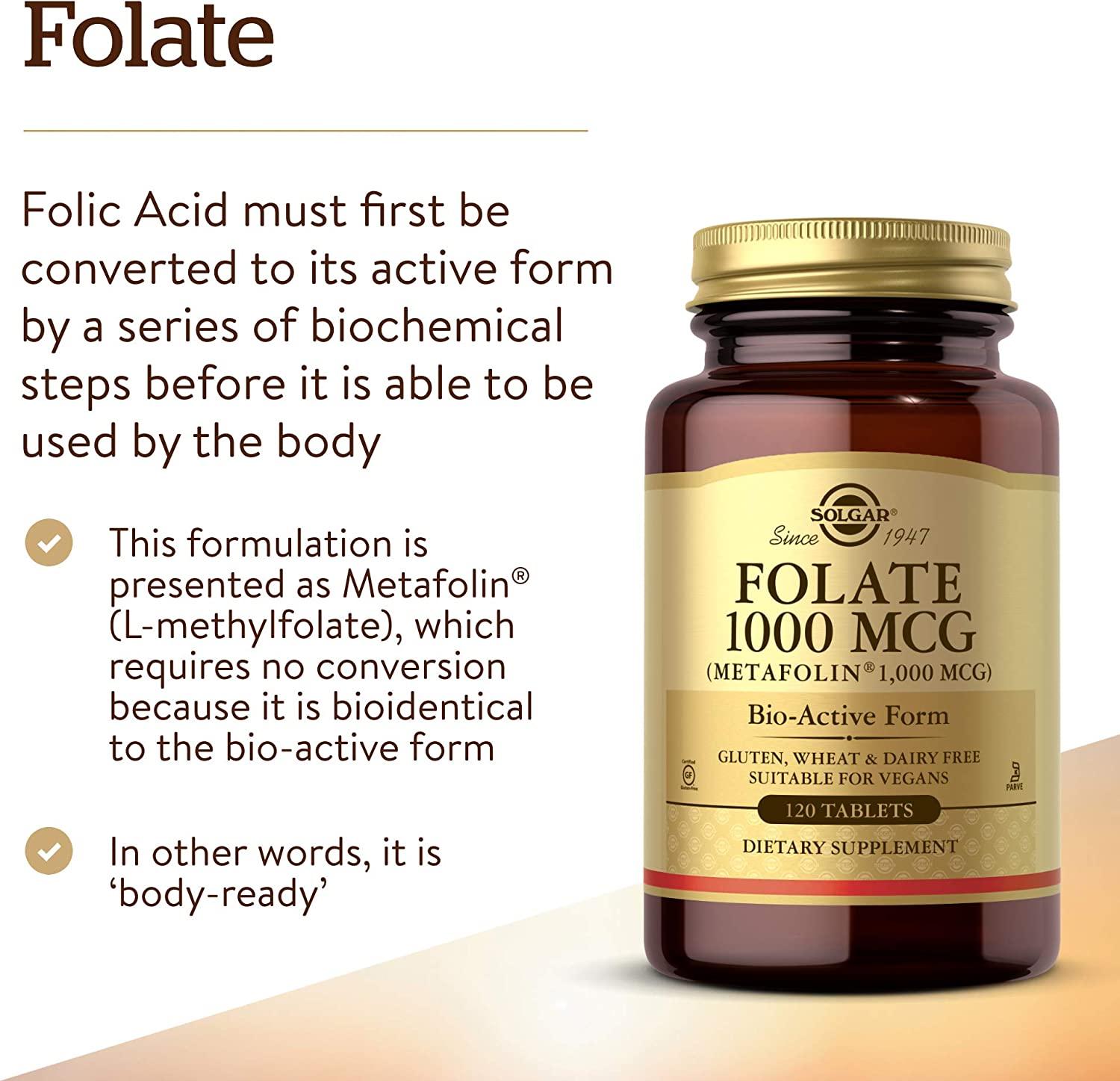 Solgar Folate 1000 mcg DFE Tablets 120 ct | 1666 mcg Bio-Active ...