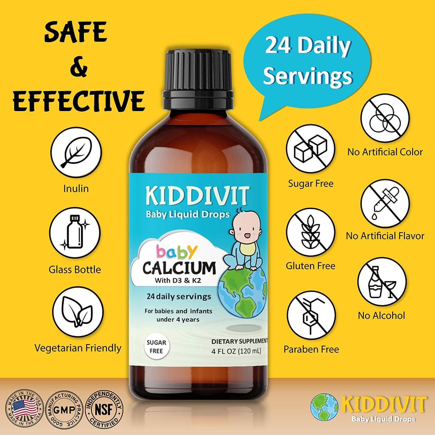 Kiddivit Baby Calcium Liquid Drops with Vitamin D3 & K2 - 24 Daily ...