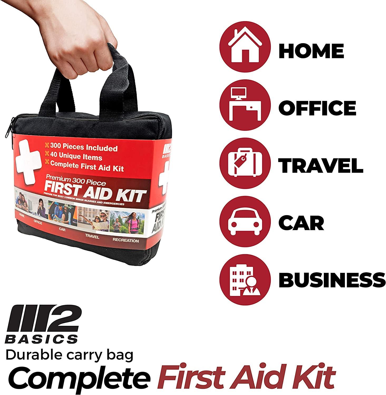 M2 BASICS 300 Piece First Aid Kit | Premium Emergency Supplies for Home, Camping, Car, Office ...