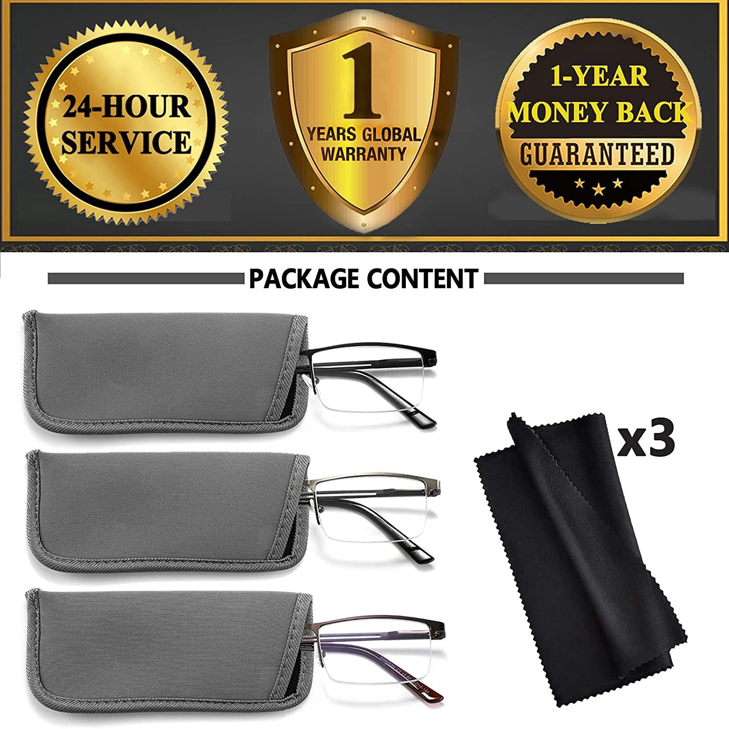 JJWELL Blue Light Reading Glasses 3 Pack for Men | Lightweight Metal Rectangle Semi Rimless ...