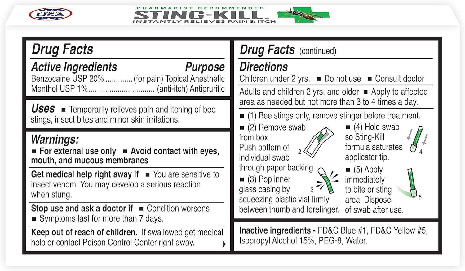 Sting-Kill First Aid Anesthetic Swabs - Instant Pain & Itch Relief for ...