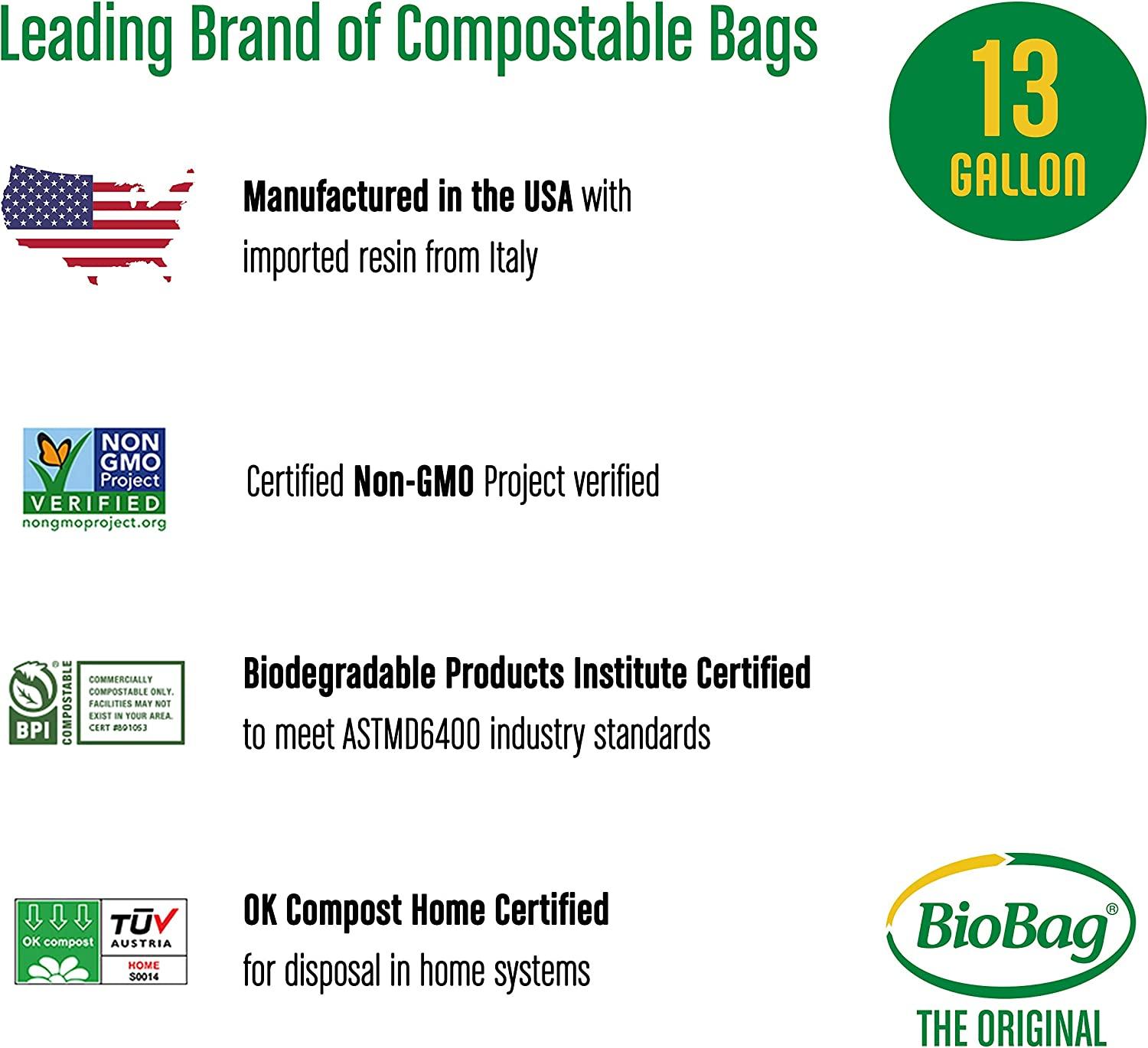 BioBag USA 13 Gallon Compostable Bags 48 Count - Certified 100% ...