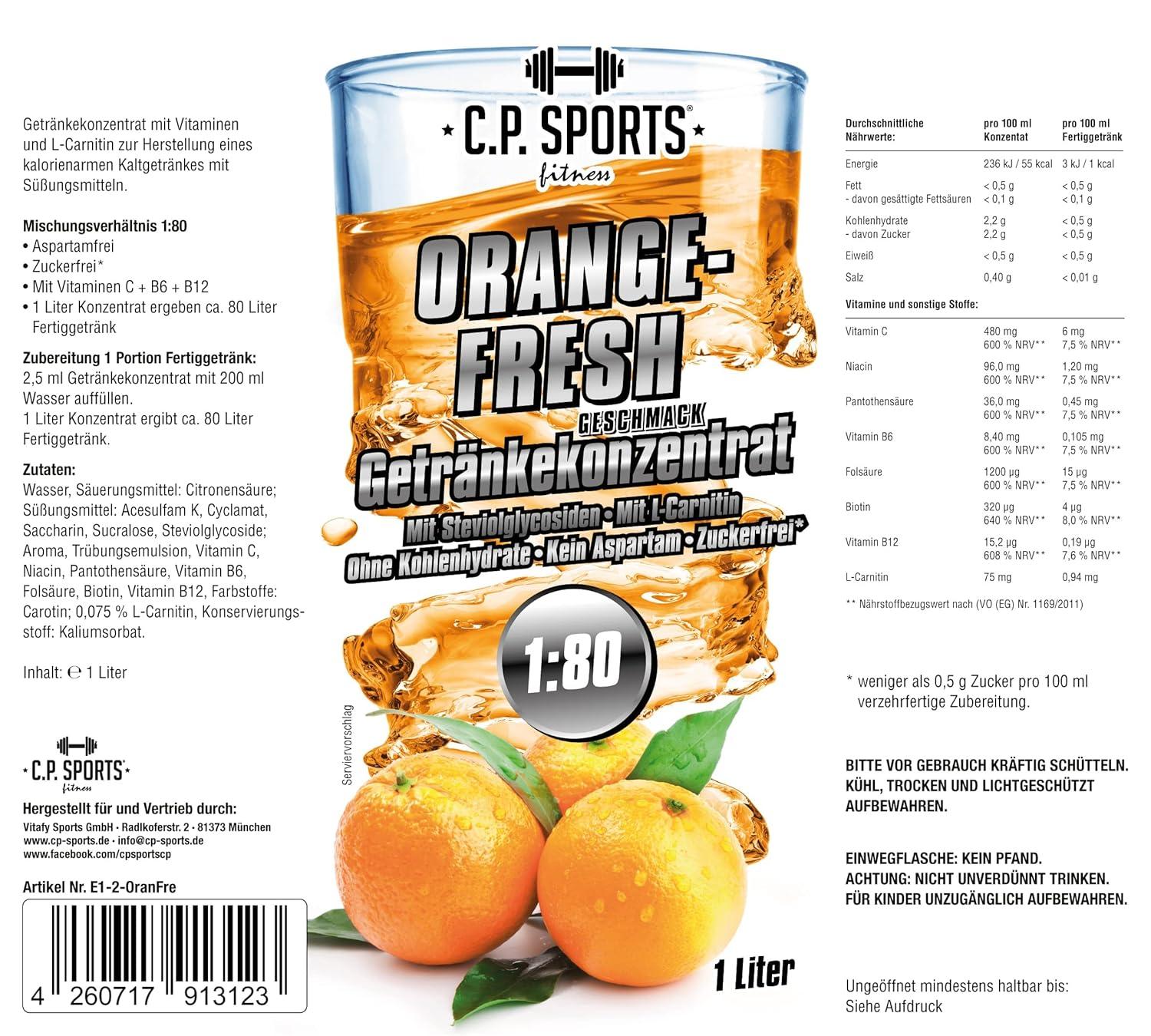 C.P.Sports Sugar-Free Fitness Drink Concentrate 1:80 - 80L Orange ...