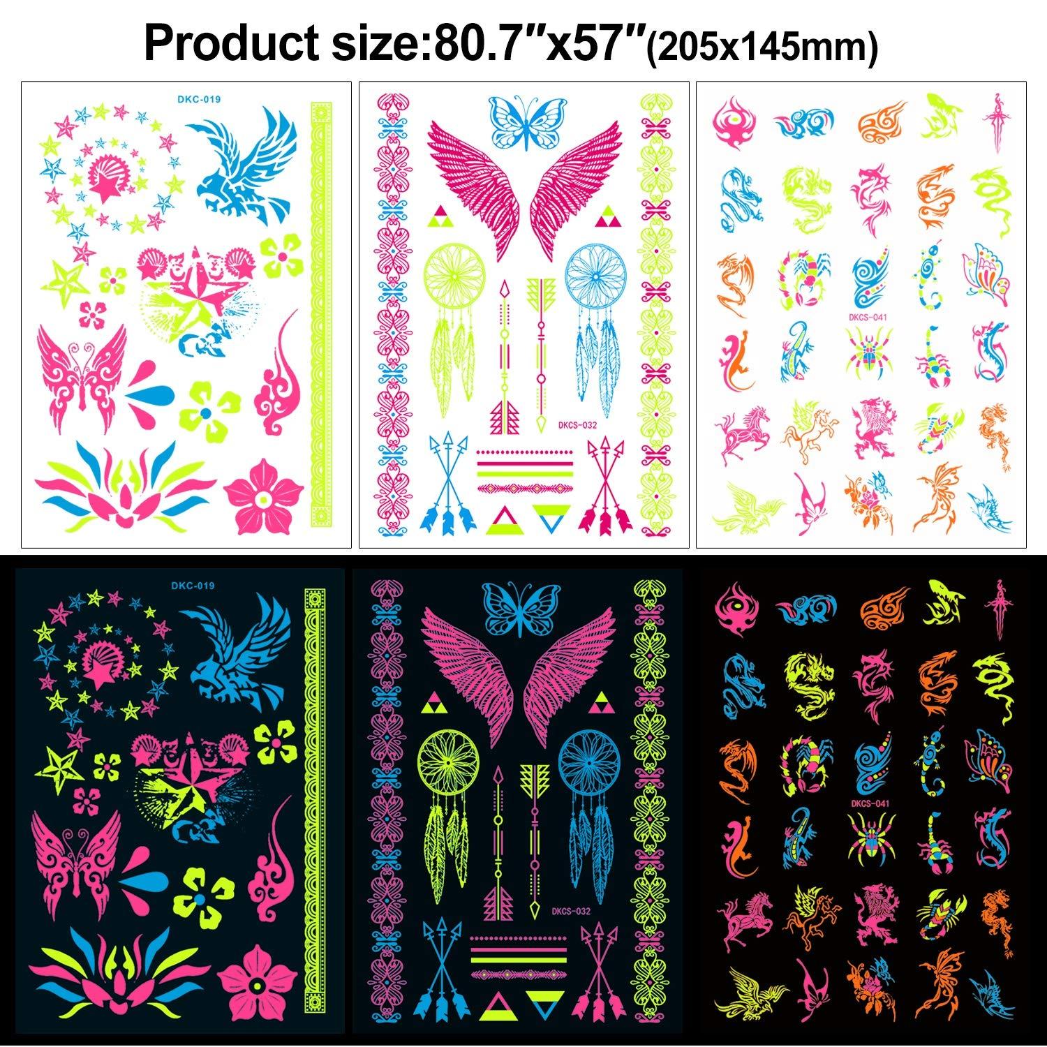 HOWAF 7 Large Sheets Neon Temporary Tattoos 100+ Shimmer Designs Glow ...