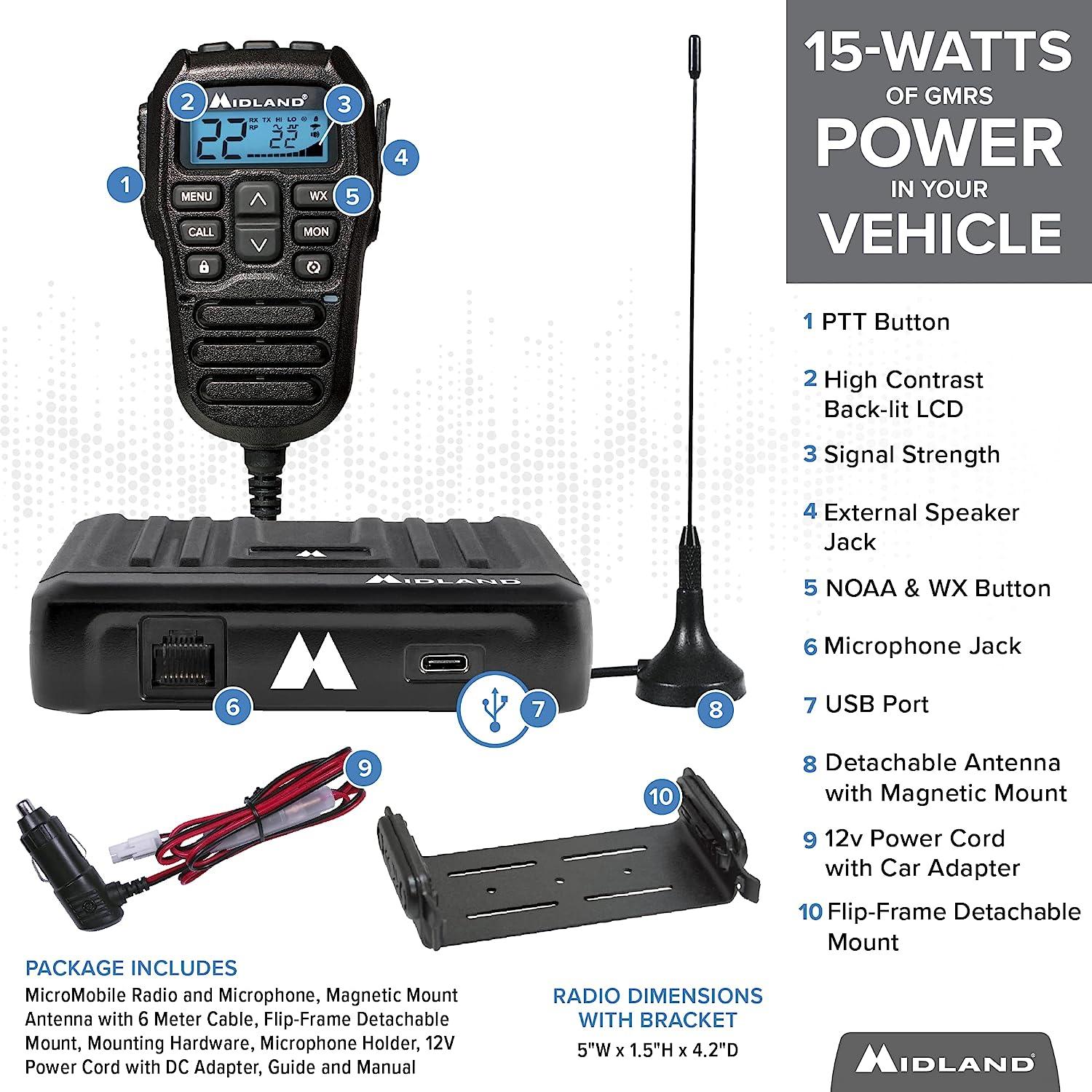 Midland MXT275VP4 15-Watt GMRS MicroMobile Two-Way Radio for Off-Road ...